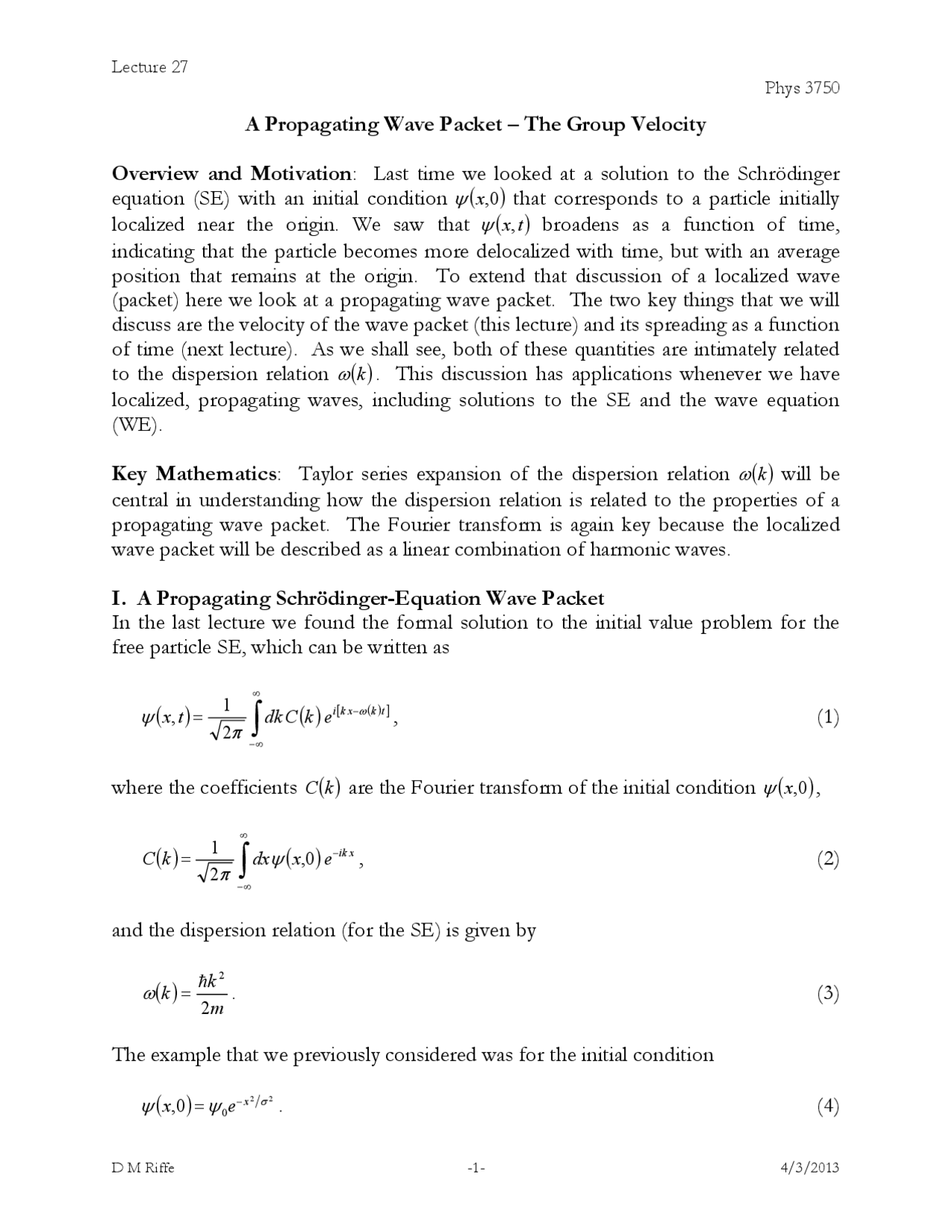 Propagating Wave Packet Wave Phenomena Lecture Slides Docsity
