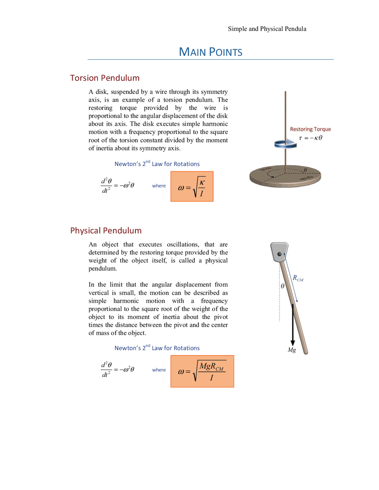 Simple and Physical Pendula - Physics for Scientists and Engineers I - Lecture Summary - Docsity