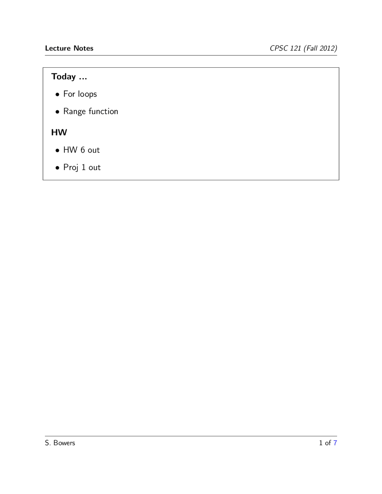 Lecture Notes on For Loops and Range Function in CPSC 121 (Fall 2012 ...