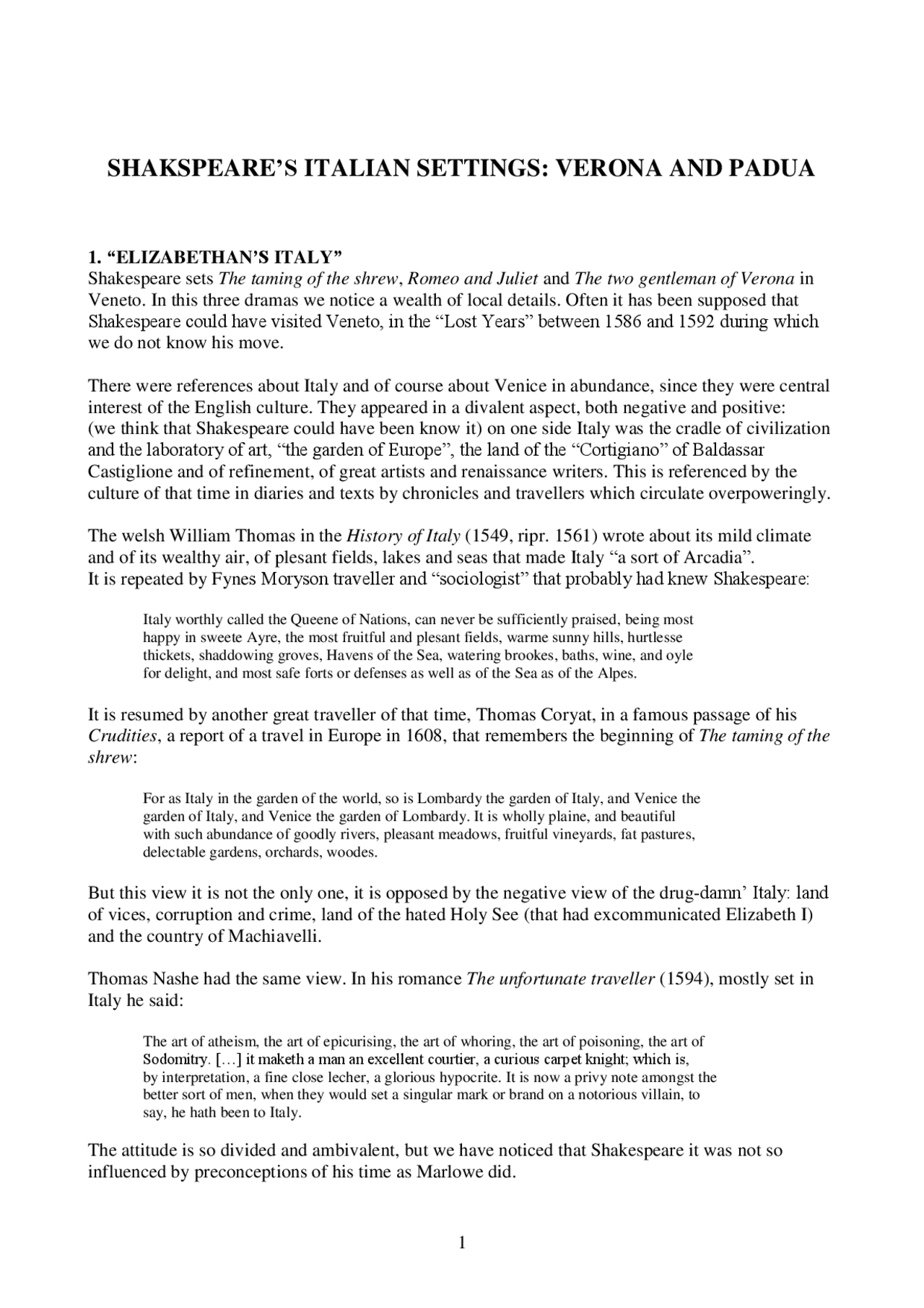 Shakespeare's Italian settings: Verona and Padua - Docsity