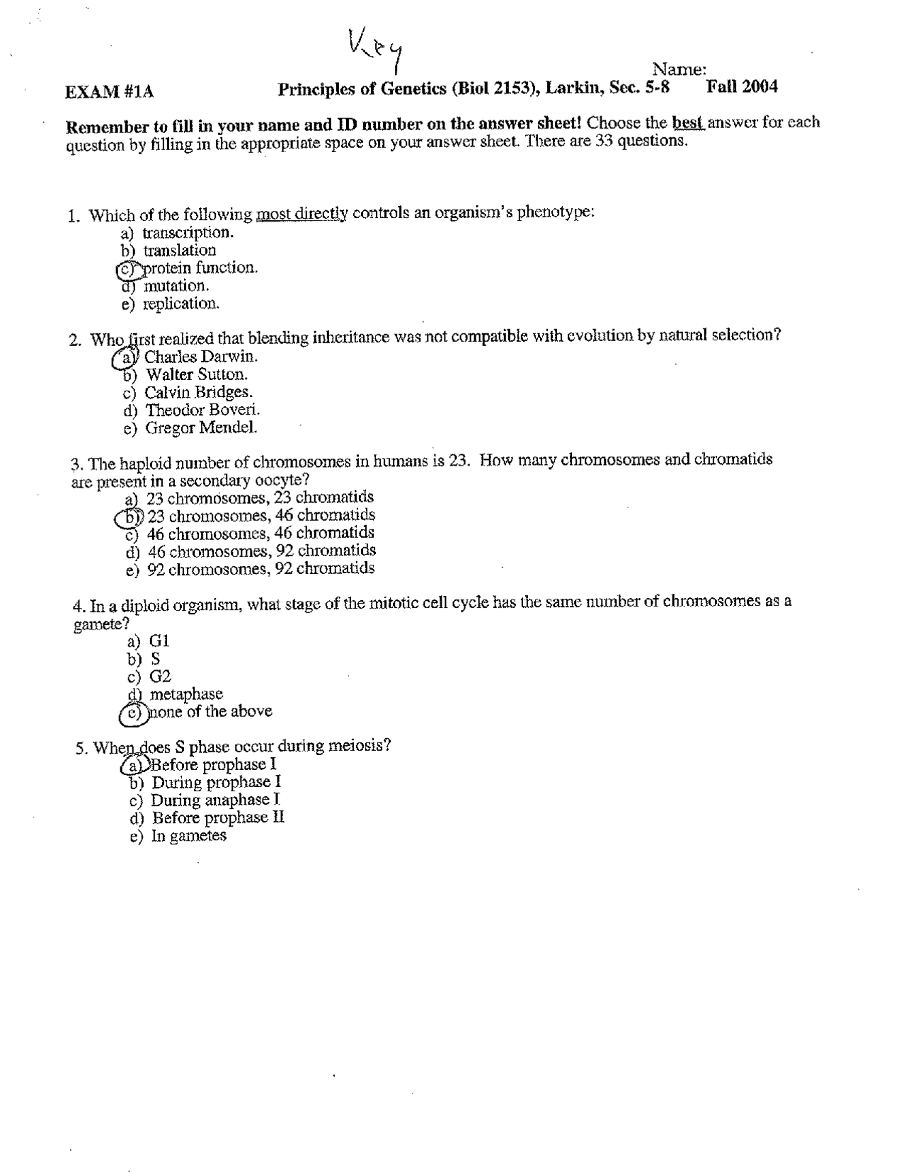 Mcqs With Answer For Exam 1 Principles Of Genetics Biol 2153 Docsity