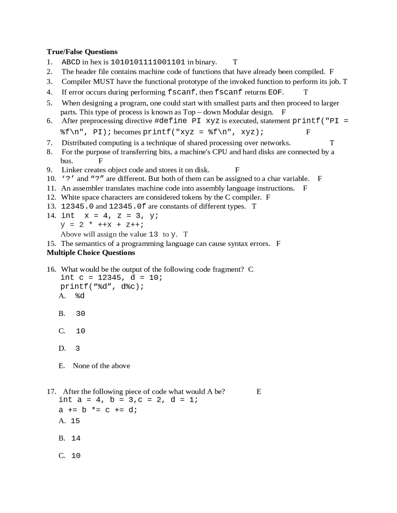 Exam 1 Solved Structured Programming In C Csce 206 Exams Computer