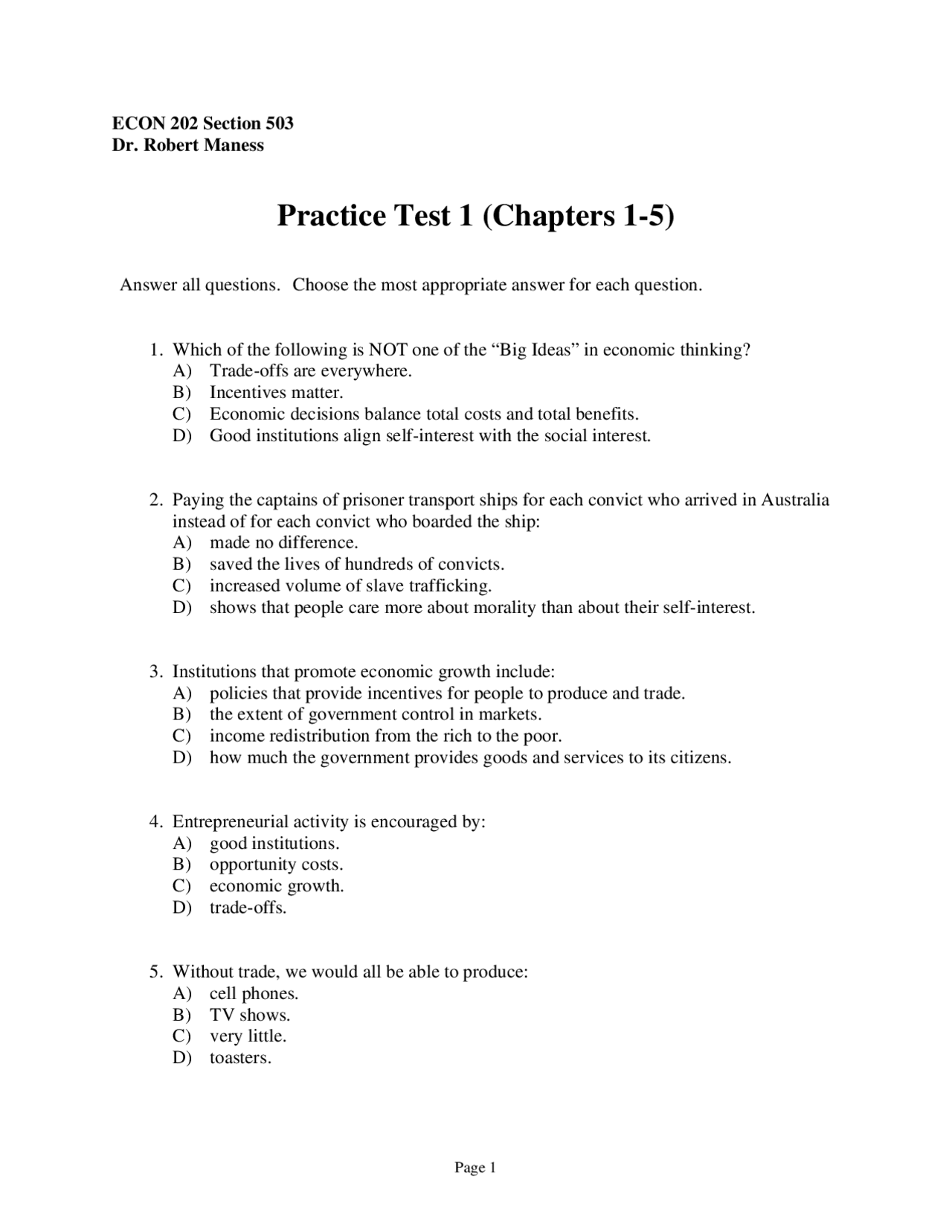 40 MCQs on Principles of Economics - Practice Test 1 | ECON 202 - Docsity