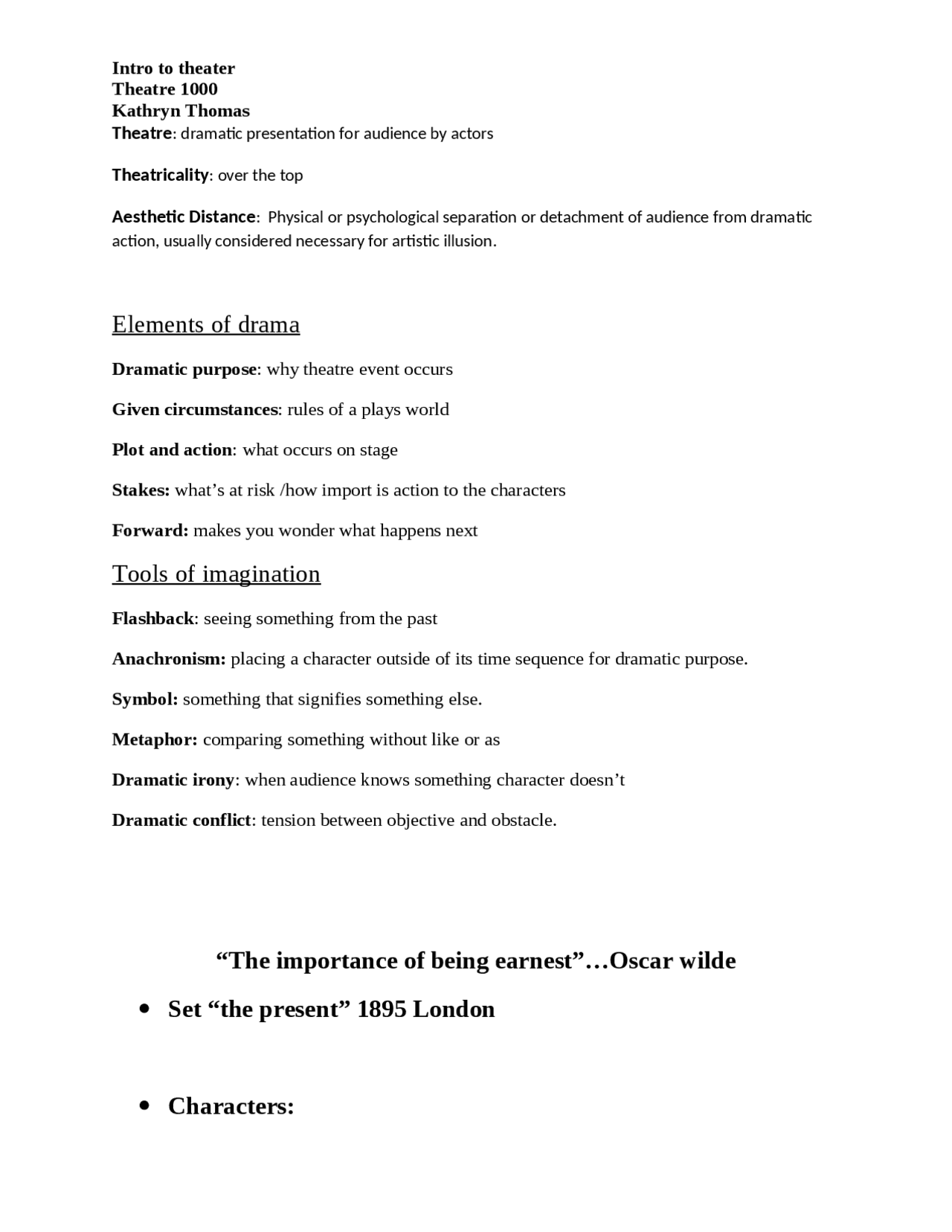 Study Notes for Exam 1 - Introduction to Theatre | THEA 1000 - Docsity