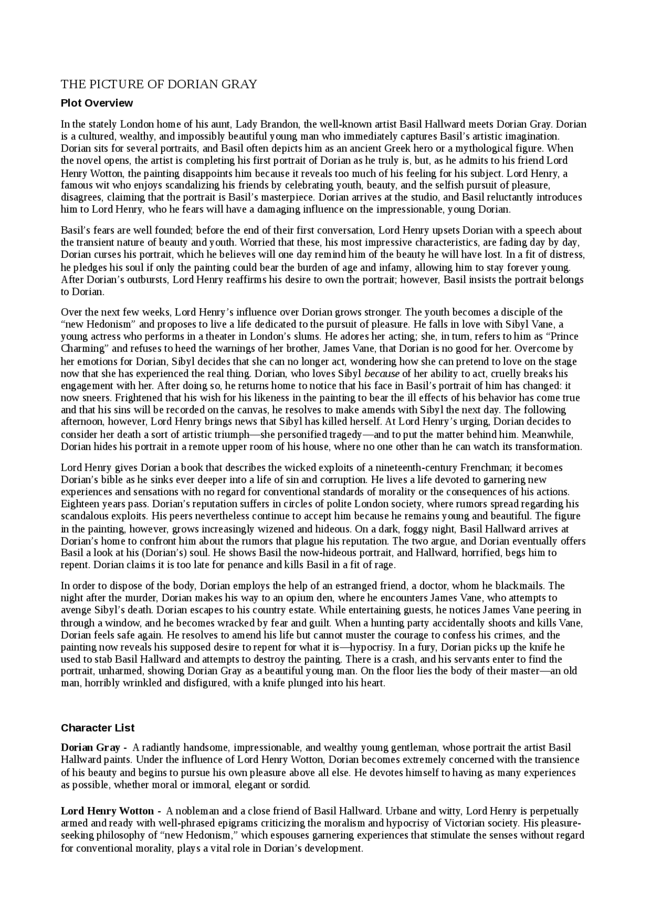 The Picture Of Dorian Gray Docsity