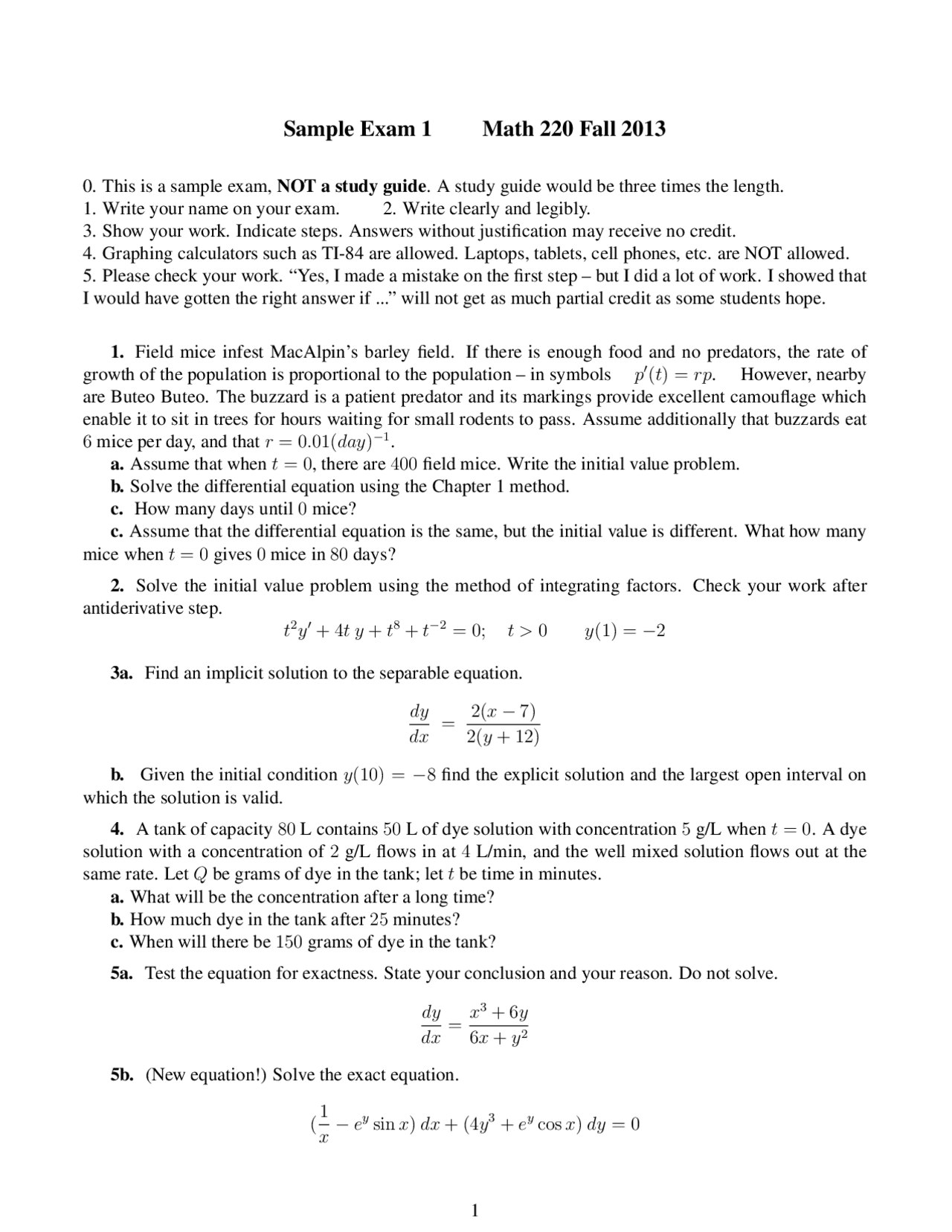 Sample Exam 1 Applied Differential Equations 2013 Math 220 Docsity
