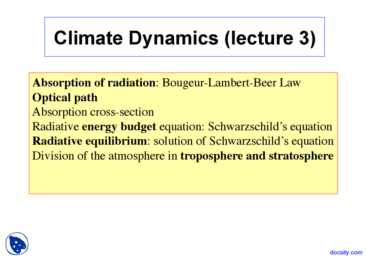 Absorption Of Radiation Climate Dynamics Lecture Slides Docsity