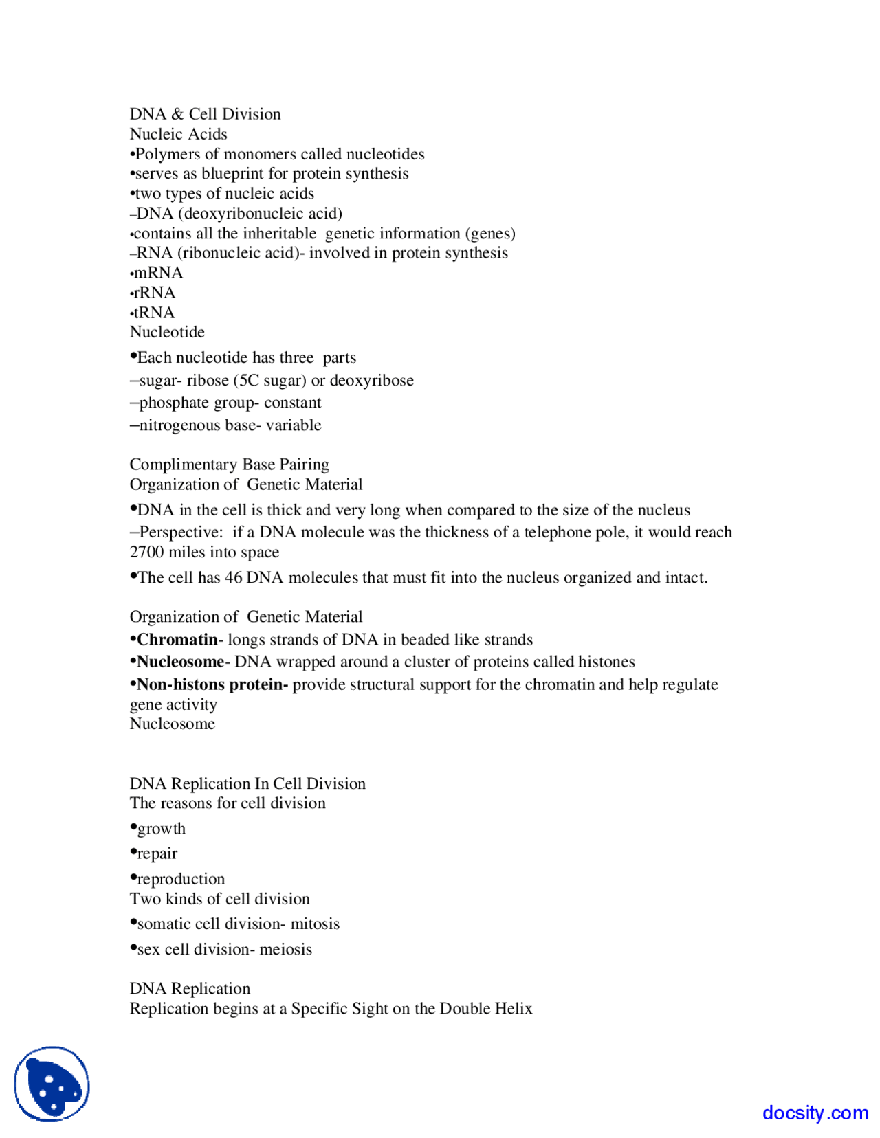 Cells, DNA - Human Body Anatomy - Lecture Notes - Docsity
