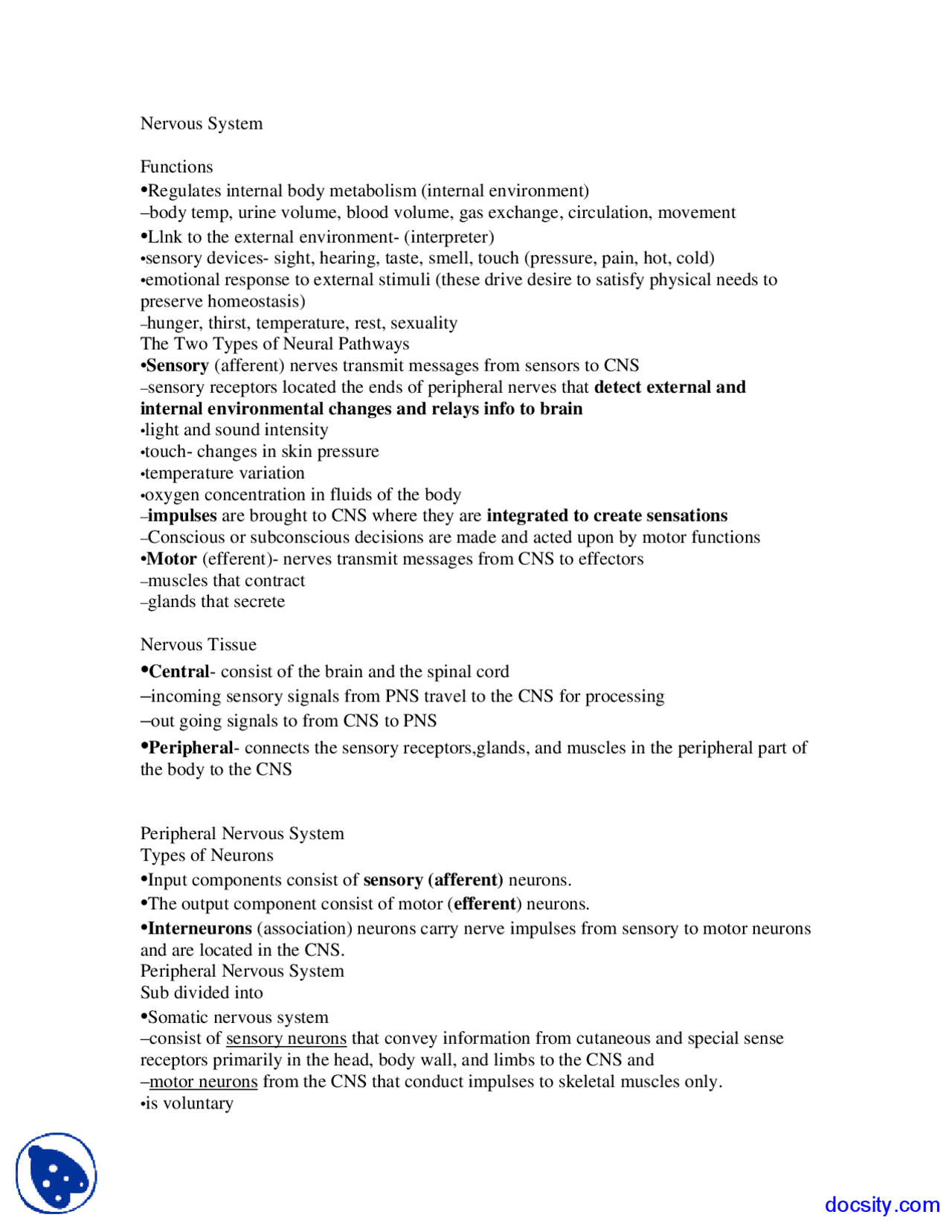 Nervous System - Human Body Anatomy - Lecture Notes | Study notes ...