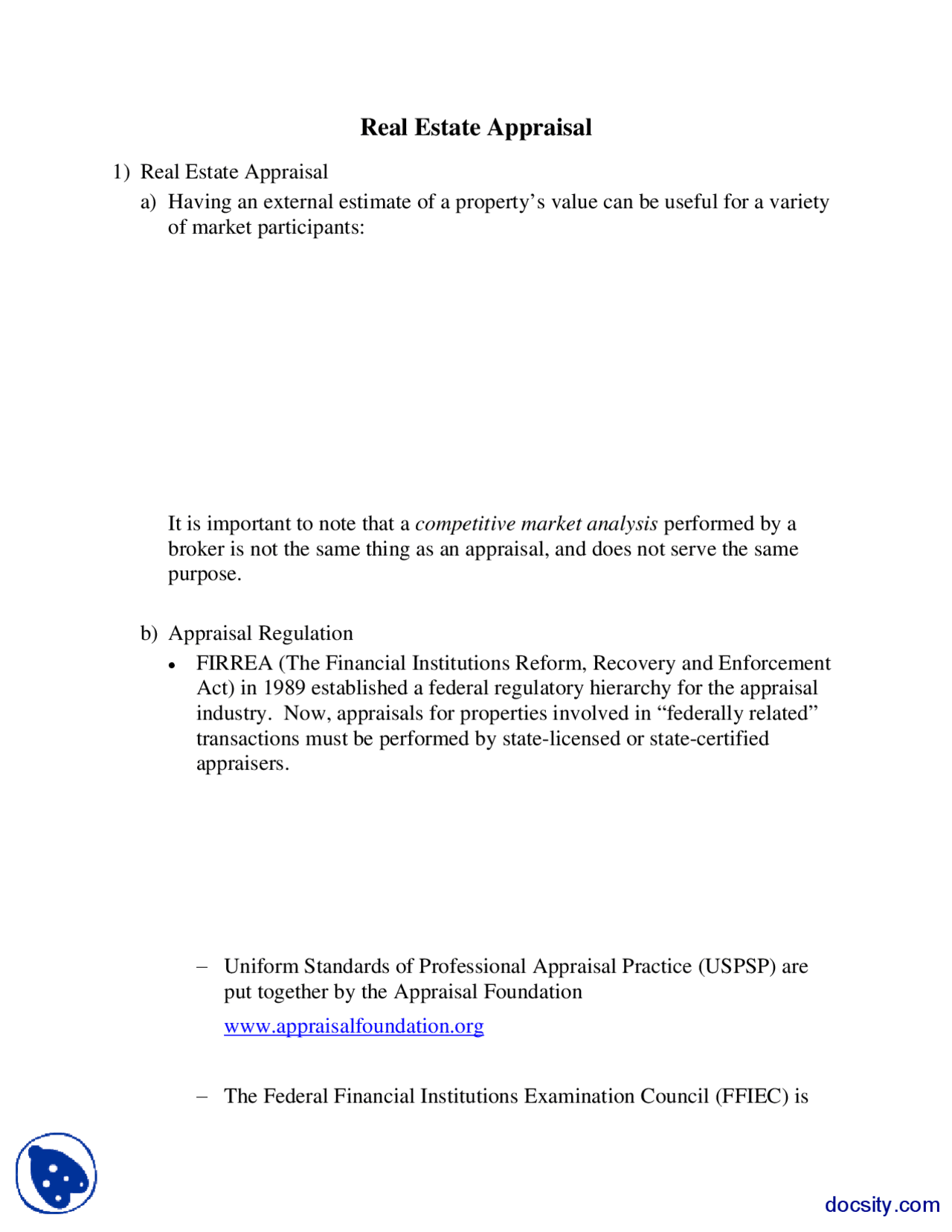 Real Estate Appraisal - Principles of Real Estate - Handout - Docsity