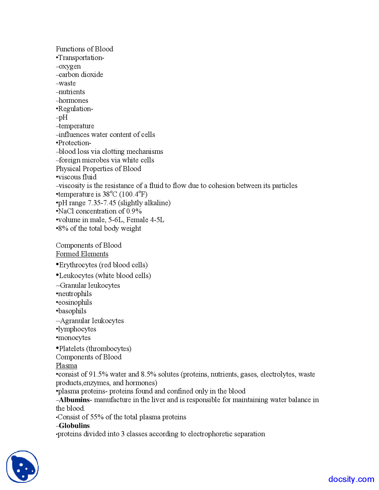 Blood - Human Body Anatomy - Lecture Notes - Docsity