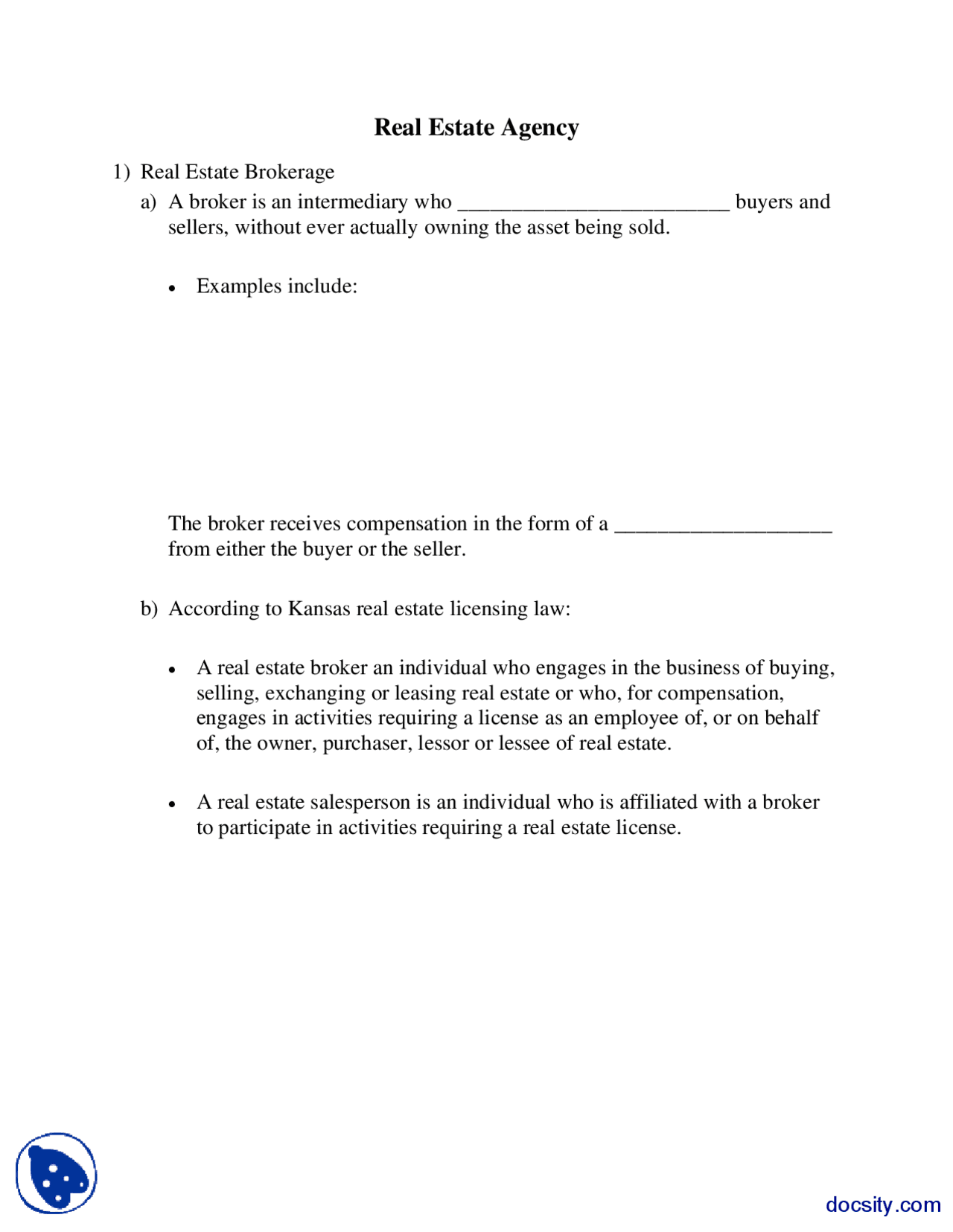 Real Estate Agency - Principles of Real Estate - Handout - Docsity