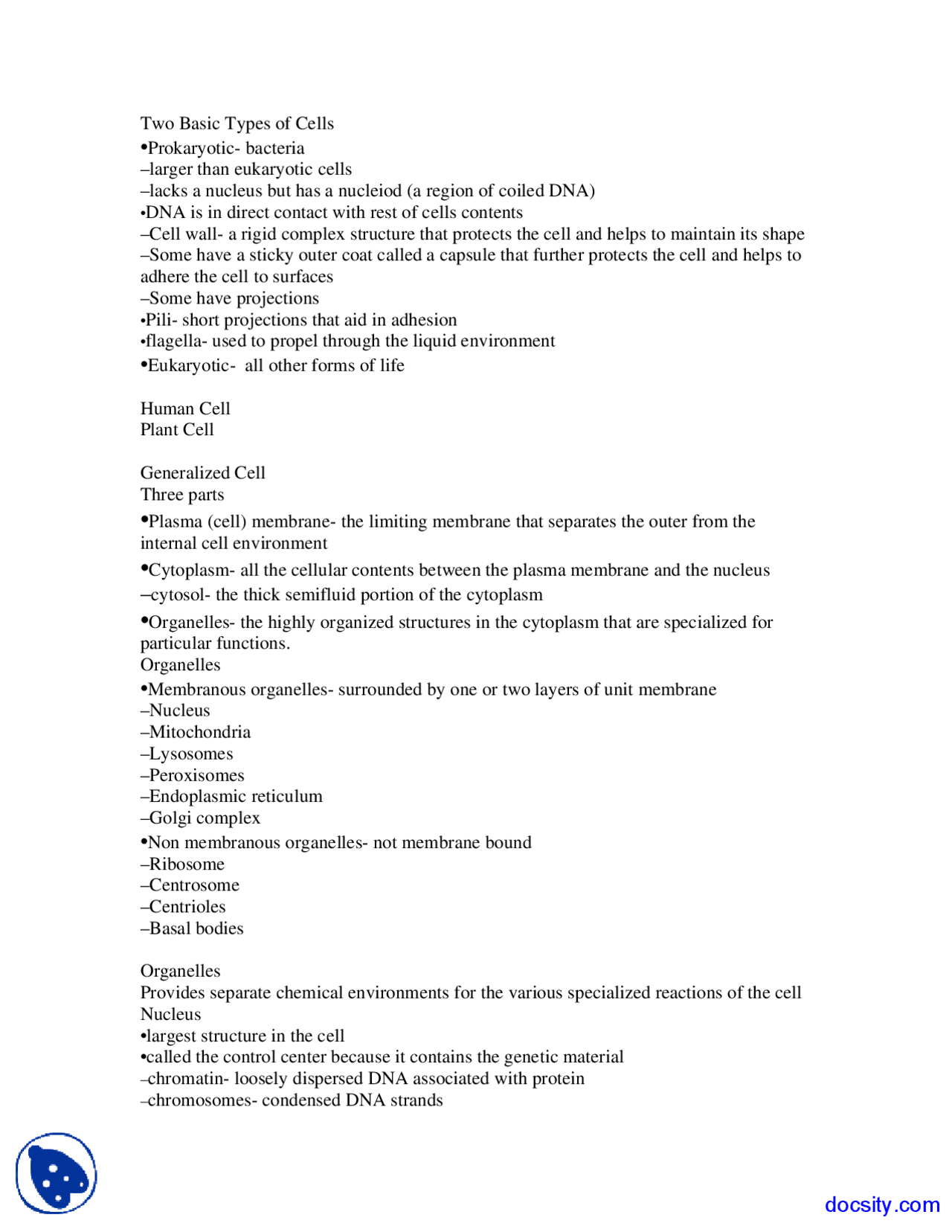 Cells Human Body Anatomy Lecture Notes Docsity