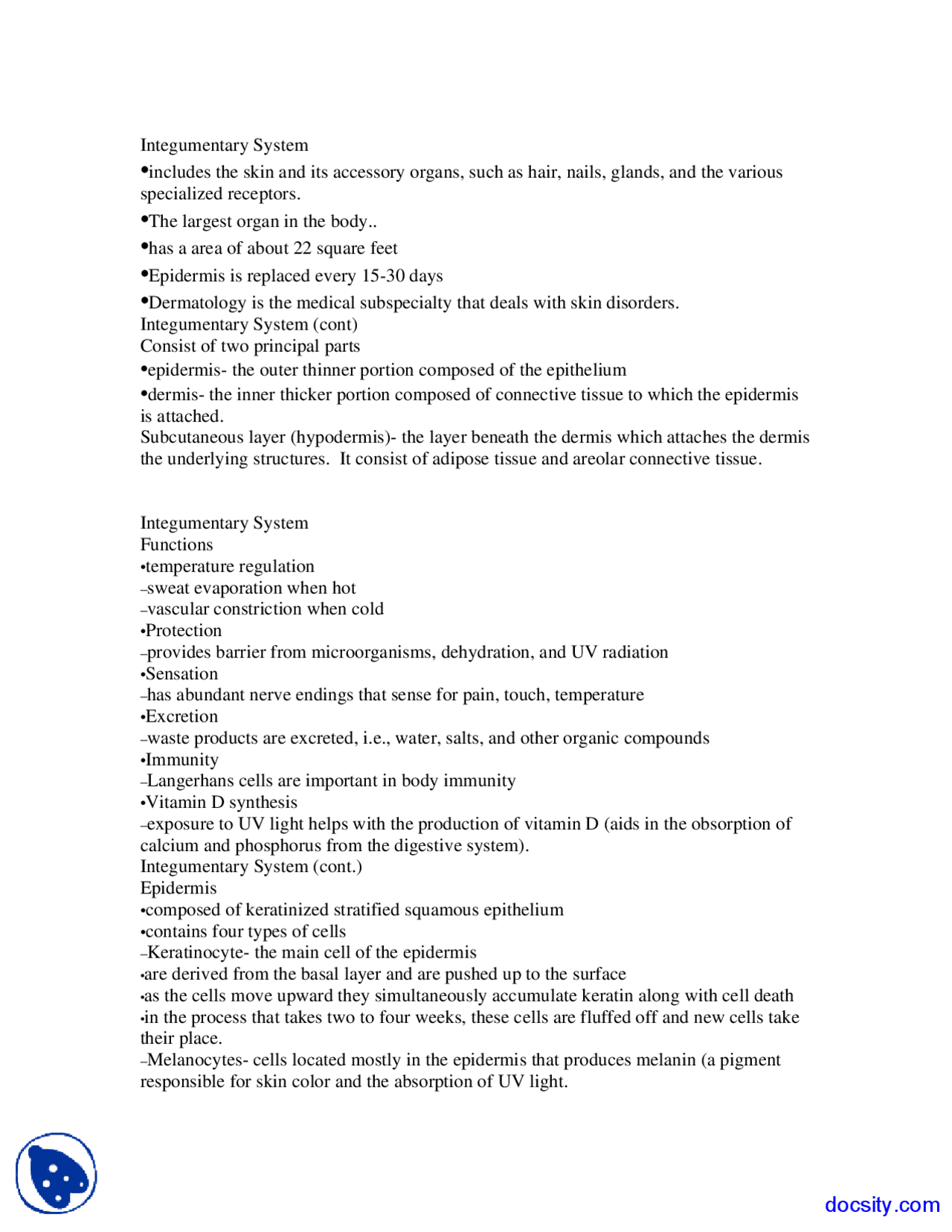 Integumentary System - Human Body Anatomy - Lecture Notes | Study notes ...