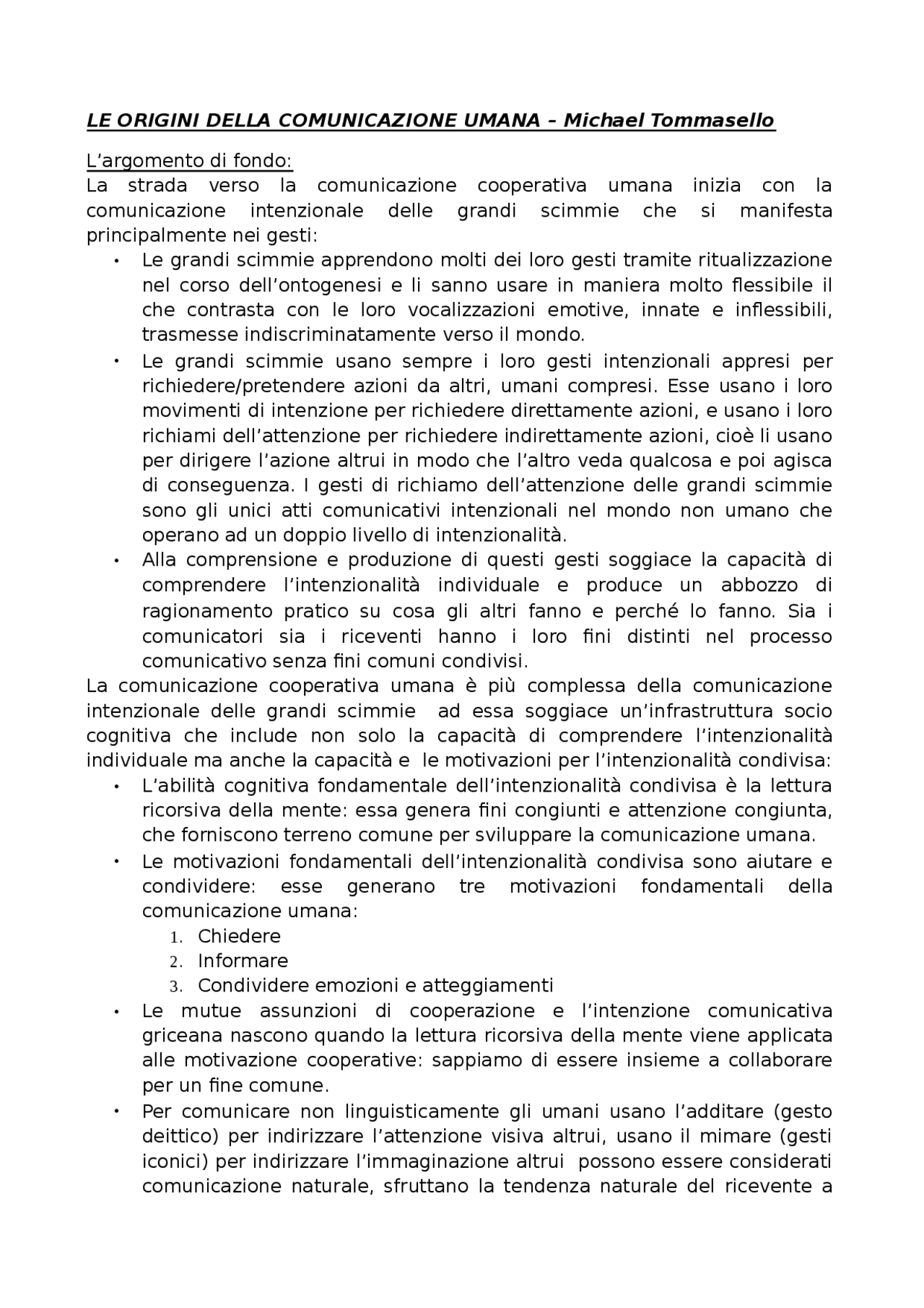 Le Origini Della Comunicazione Umana Michael Tommasello Docsity