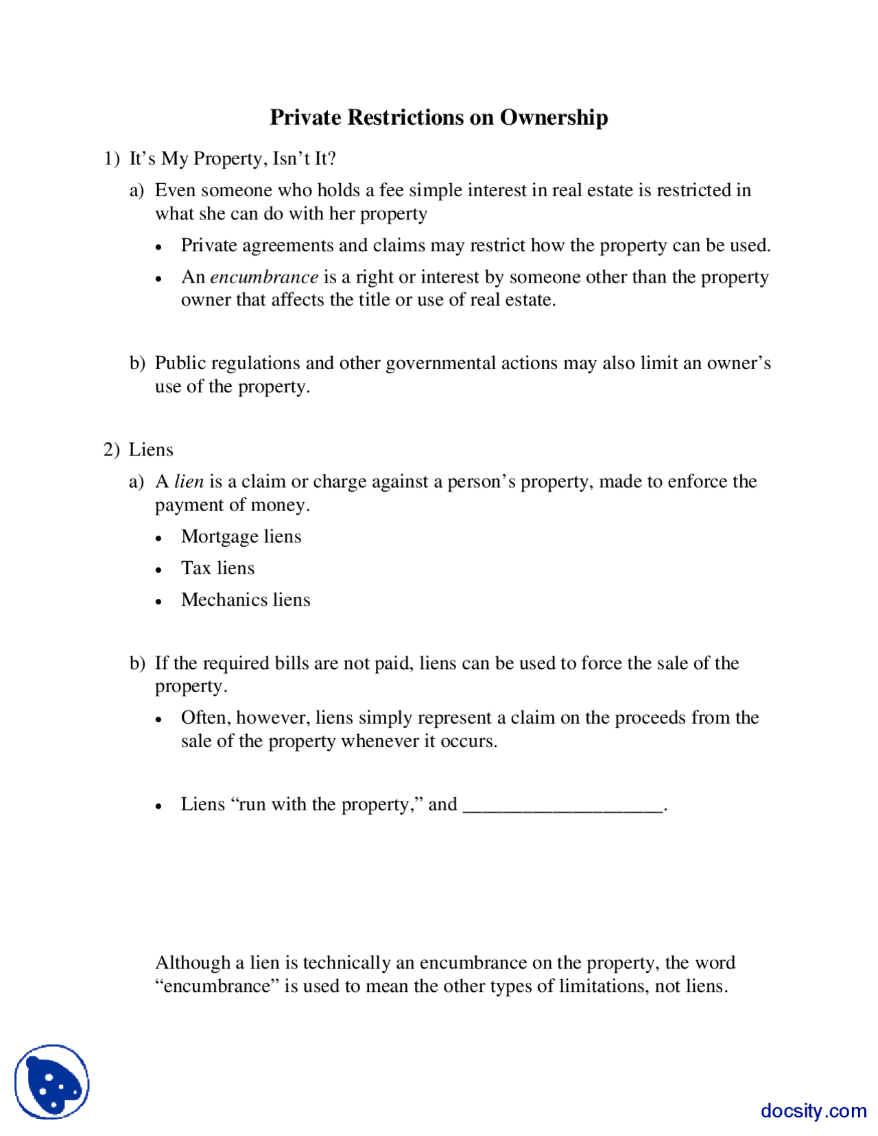 Private Restrictions on Ownership - Principles of Real Estate - Handout ...