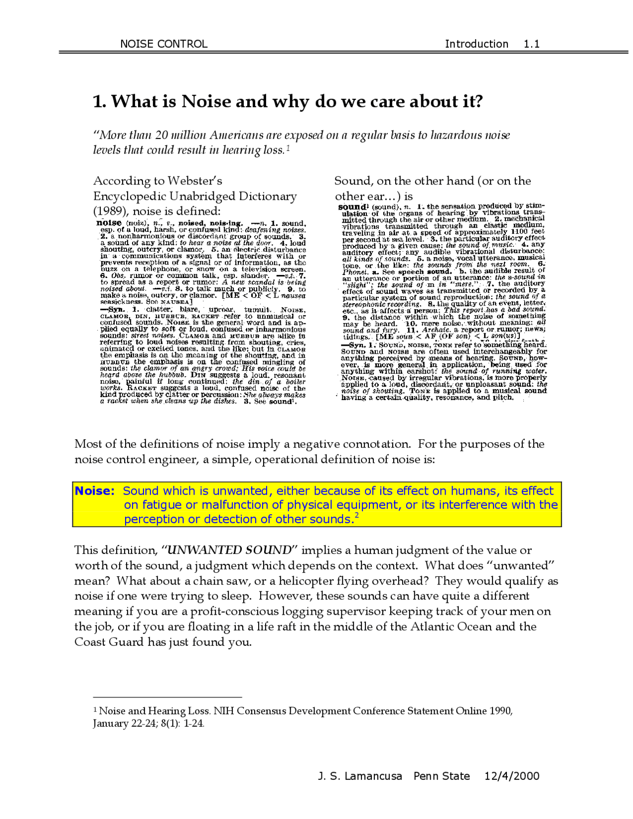 Introduction Noise Control Handout Exercises Noise Control Docsity
