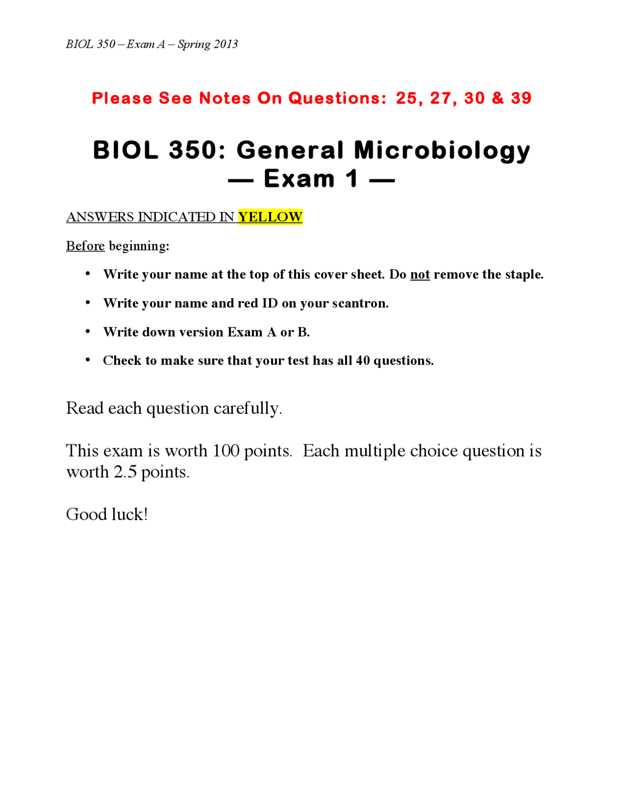 Test 1 Solutions General Microbiology Fall 2013 Biol 350 Docsity