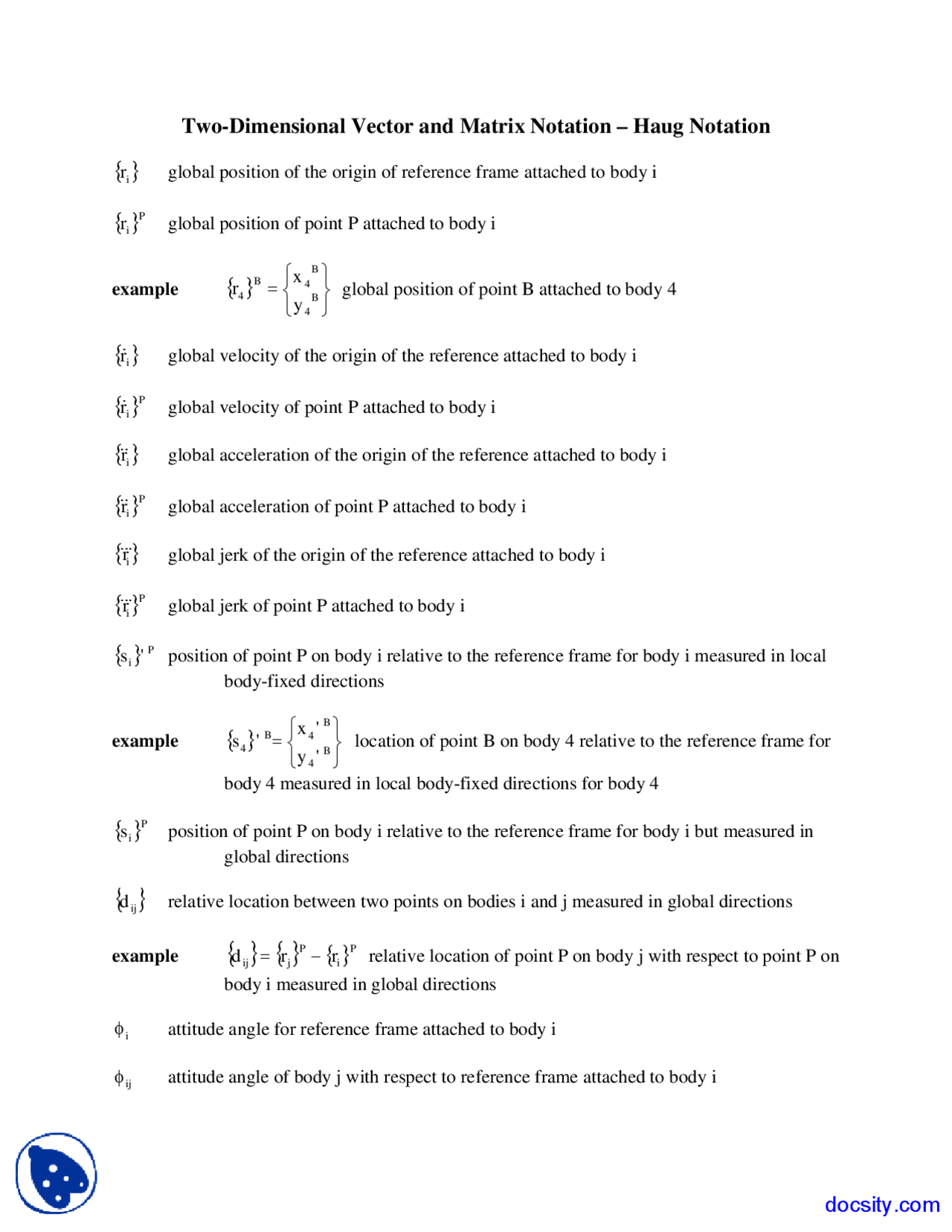 Two Dimensional Vector And Matrix Notation Examples Docsity