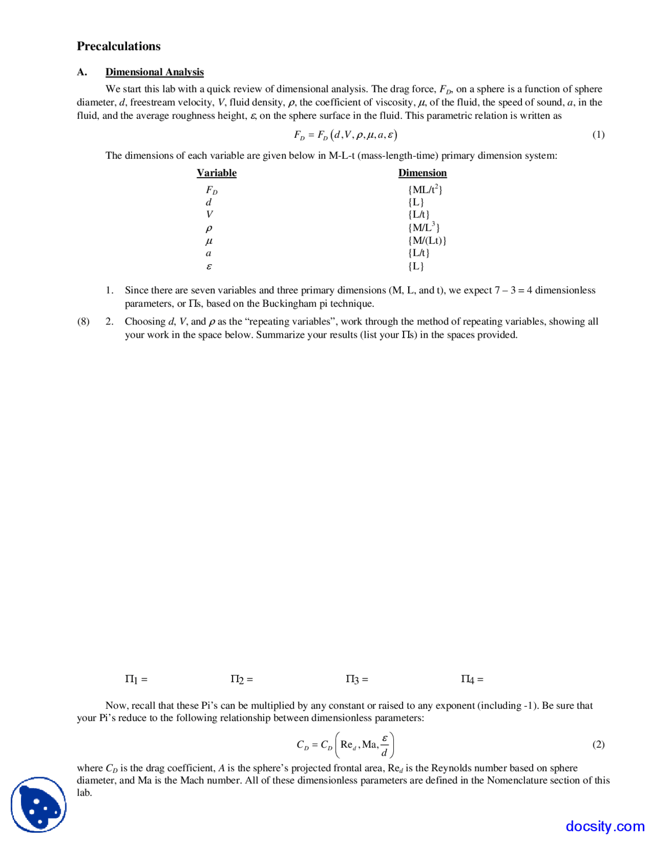Drag On Spheres Fluid Flow Lab Precalculations Docsity