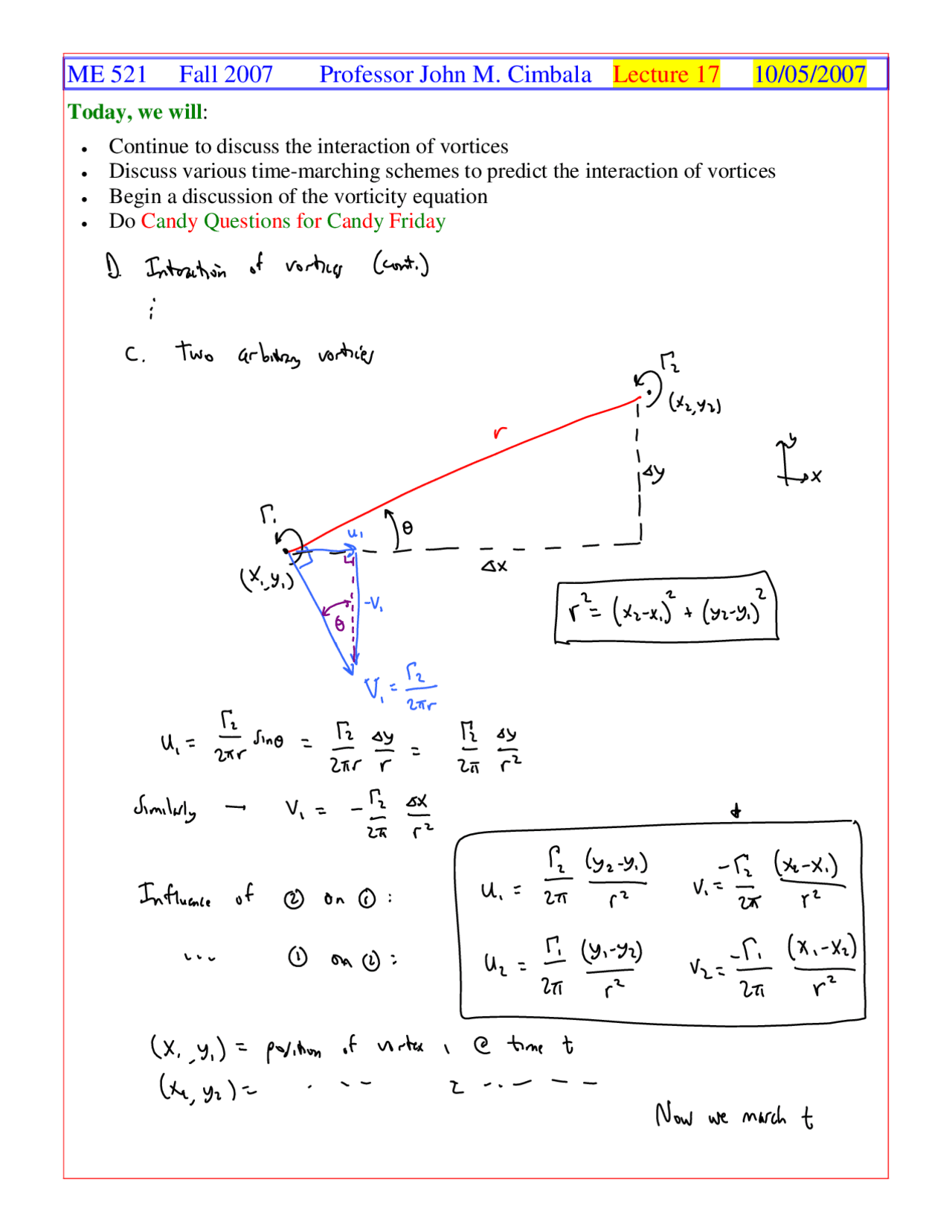 ME 521 Fall 2007 Lecture 17: Interaction of Vortices and Time-Marching Schemes | Exercises Fluid ...