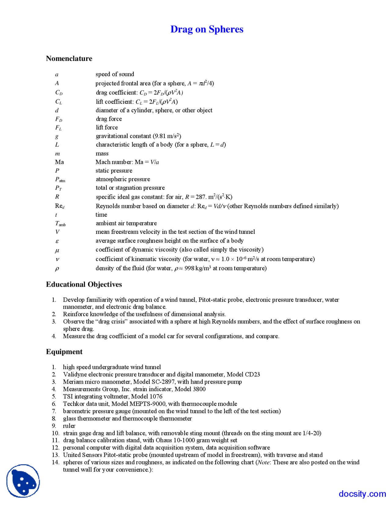 Drag On Spheres Fluid Flow Lab Manual Docsity