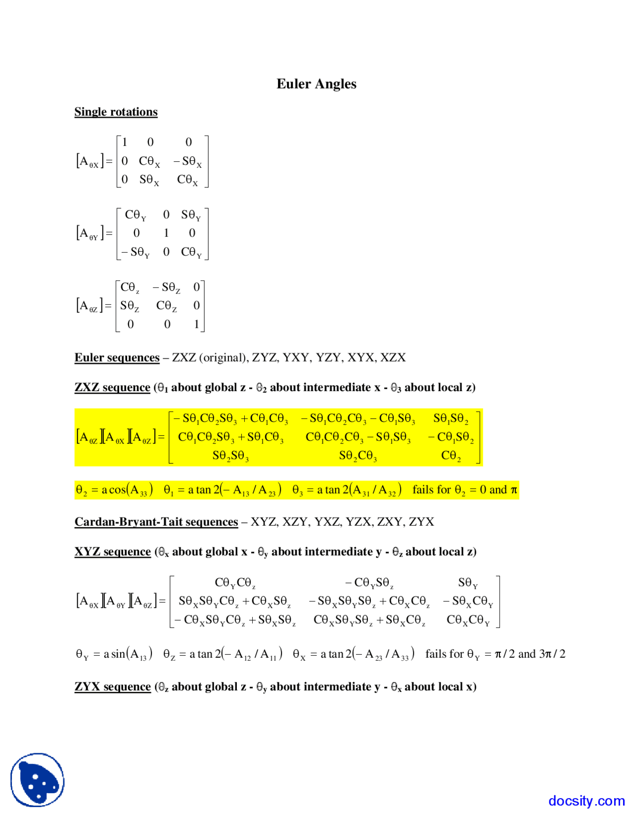 Euler Angles and Coordinate Transformations | Study notes Computer ...