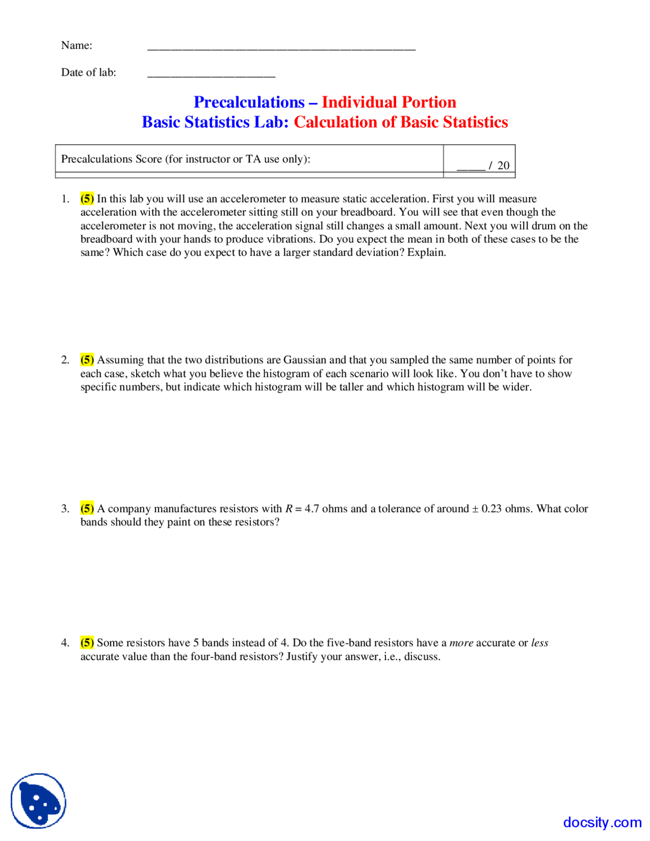 Basic Statistics Instrumentation Measurements Statistics Lab