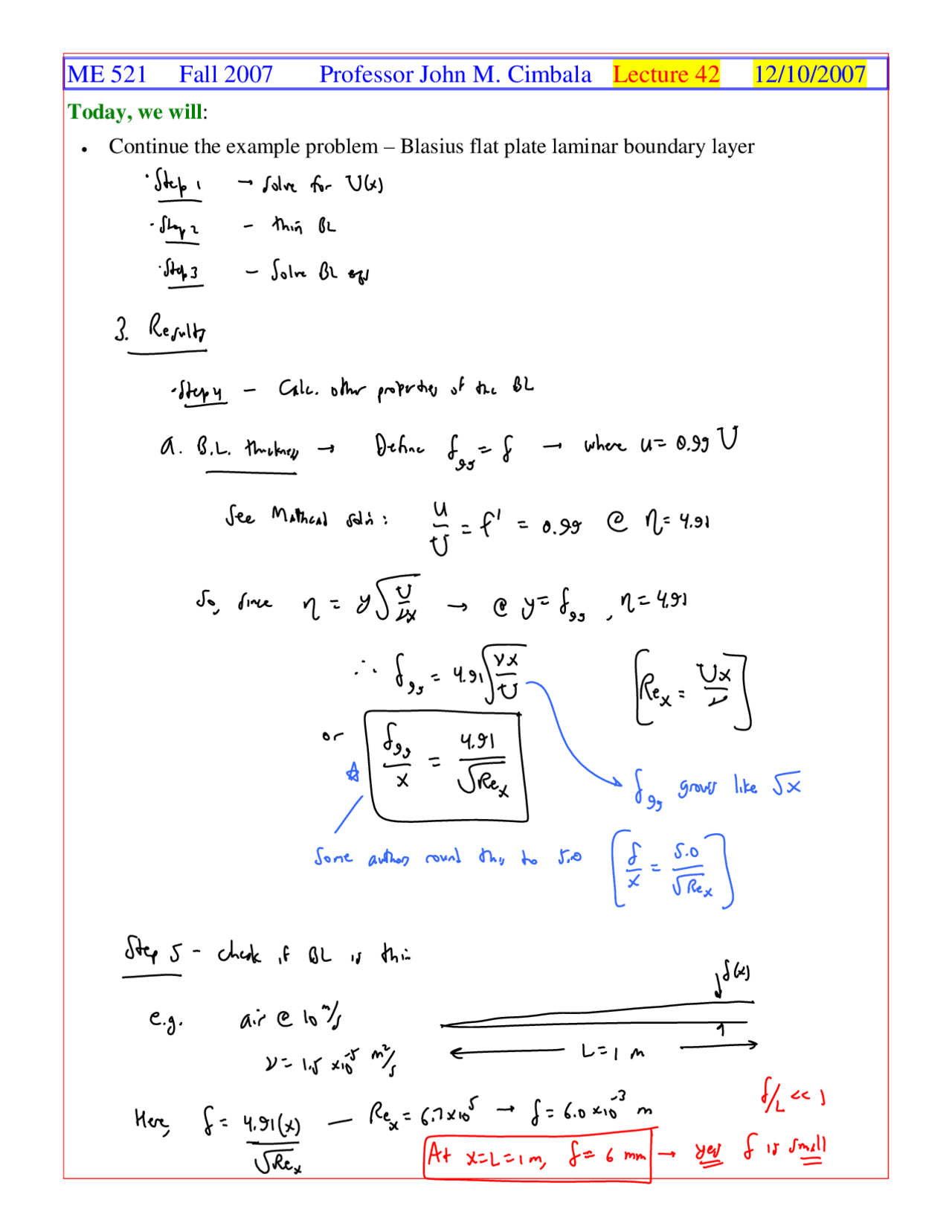 Blasius flat Plate - Foundations of Fluid Mechanics I - Handout - Docsity