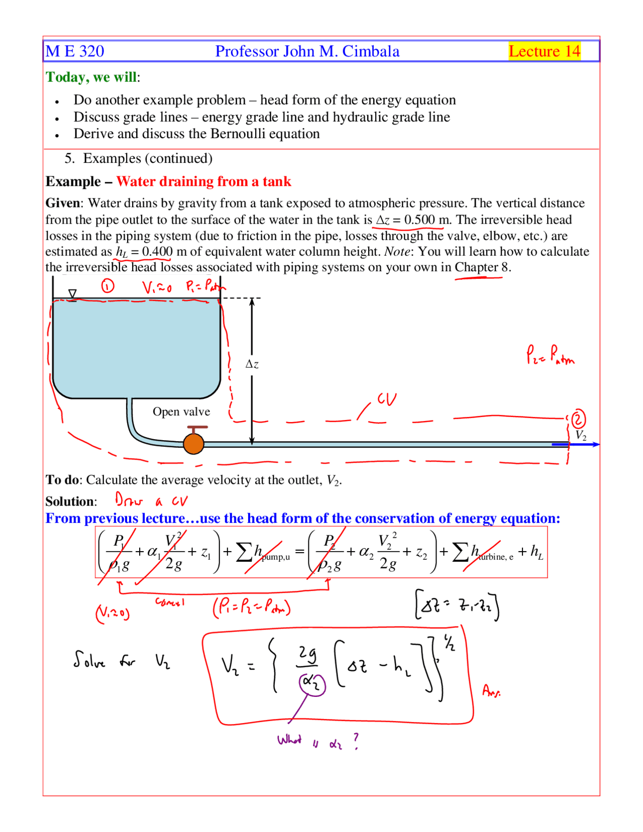 Bernoulli Equation Fluid Flow Handout Exercises Fluid Dynamics