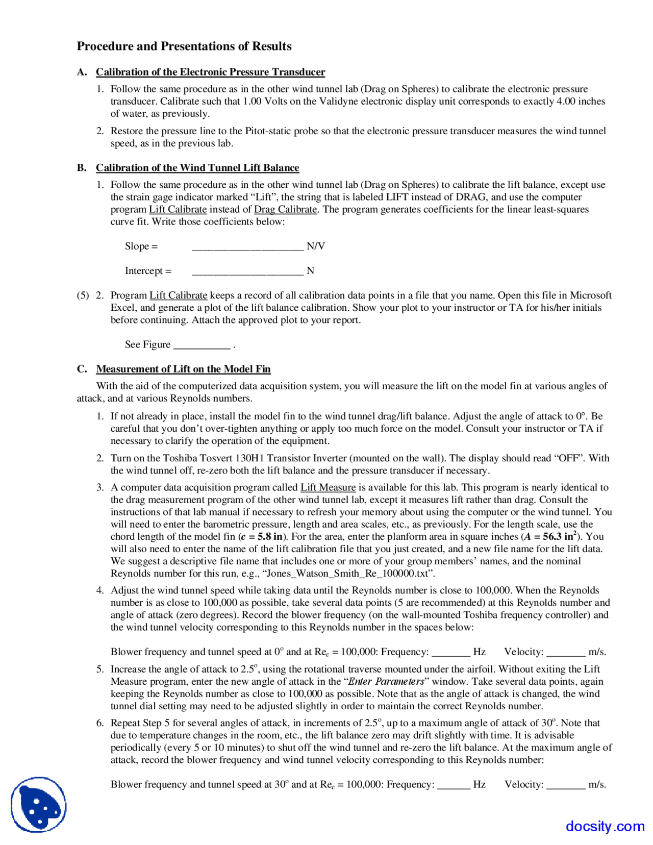 Lift On A Wing Fluid Flow Lab Report Docsity