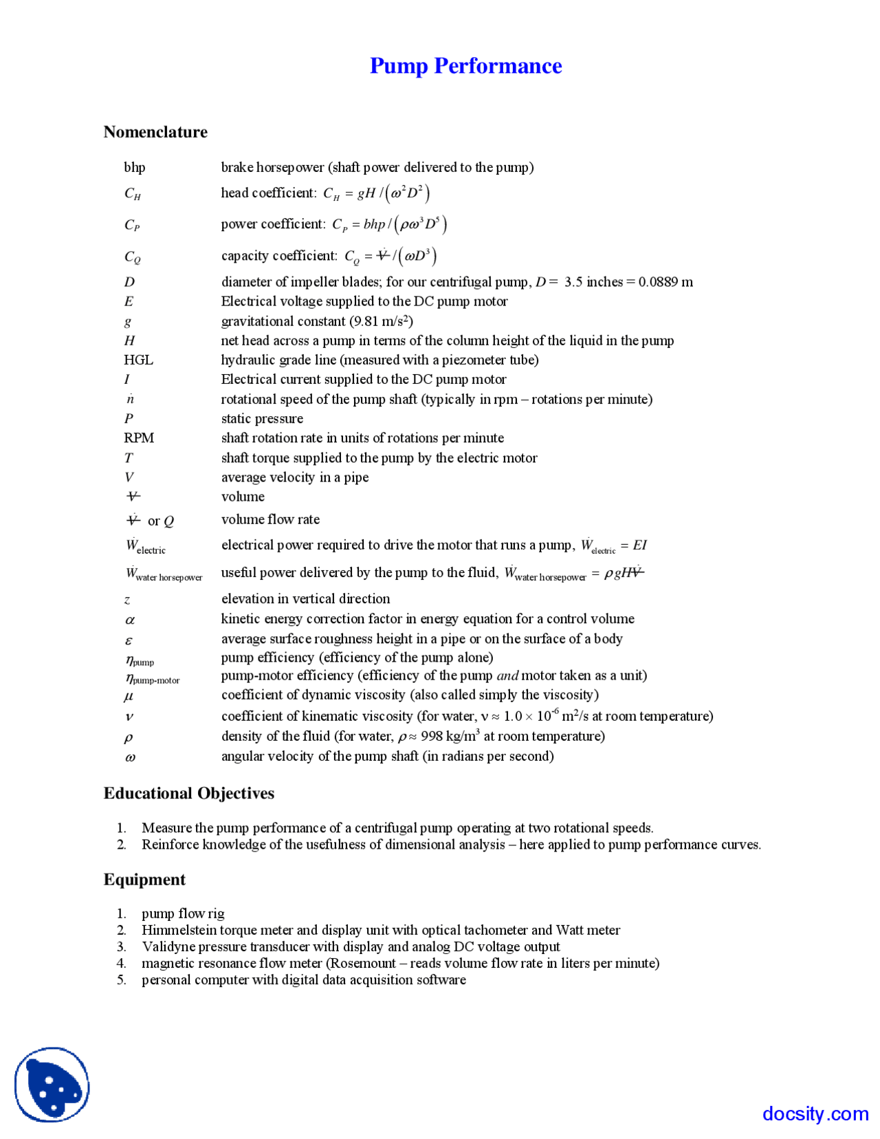 Pump Performance Fluid Flow Lab Manual Docsity