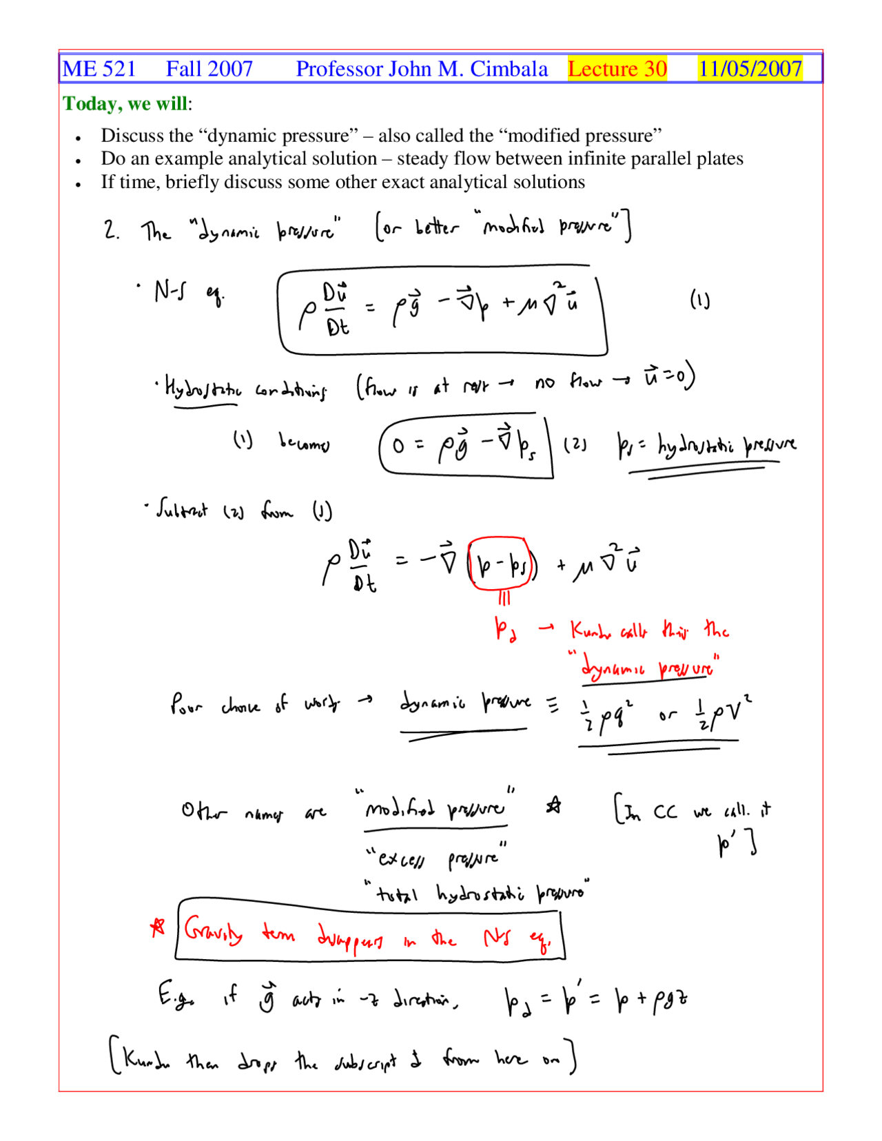 Dynamic Pressure - Foundations of Fluid Mechanics I - Handout - Docsity