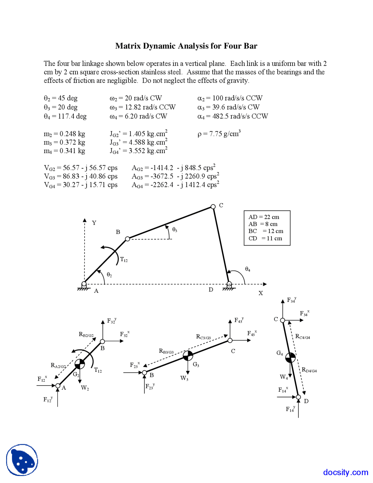 Matrix Dynamic Analysis for Four Bar: Solved Problems - Docsity