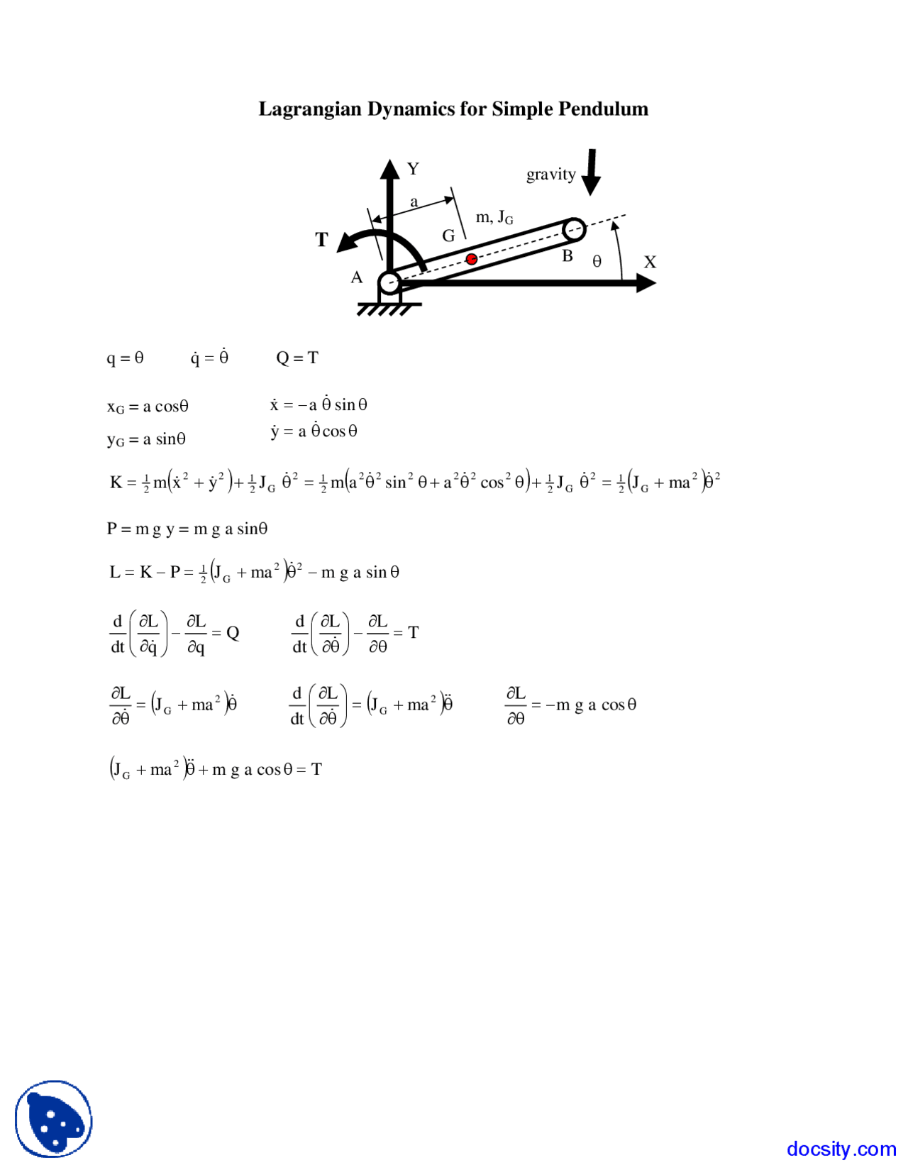 Lagrangian Dynamics for Simple Pendulum: Solved Equations - Docsity