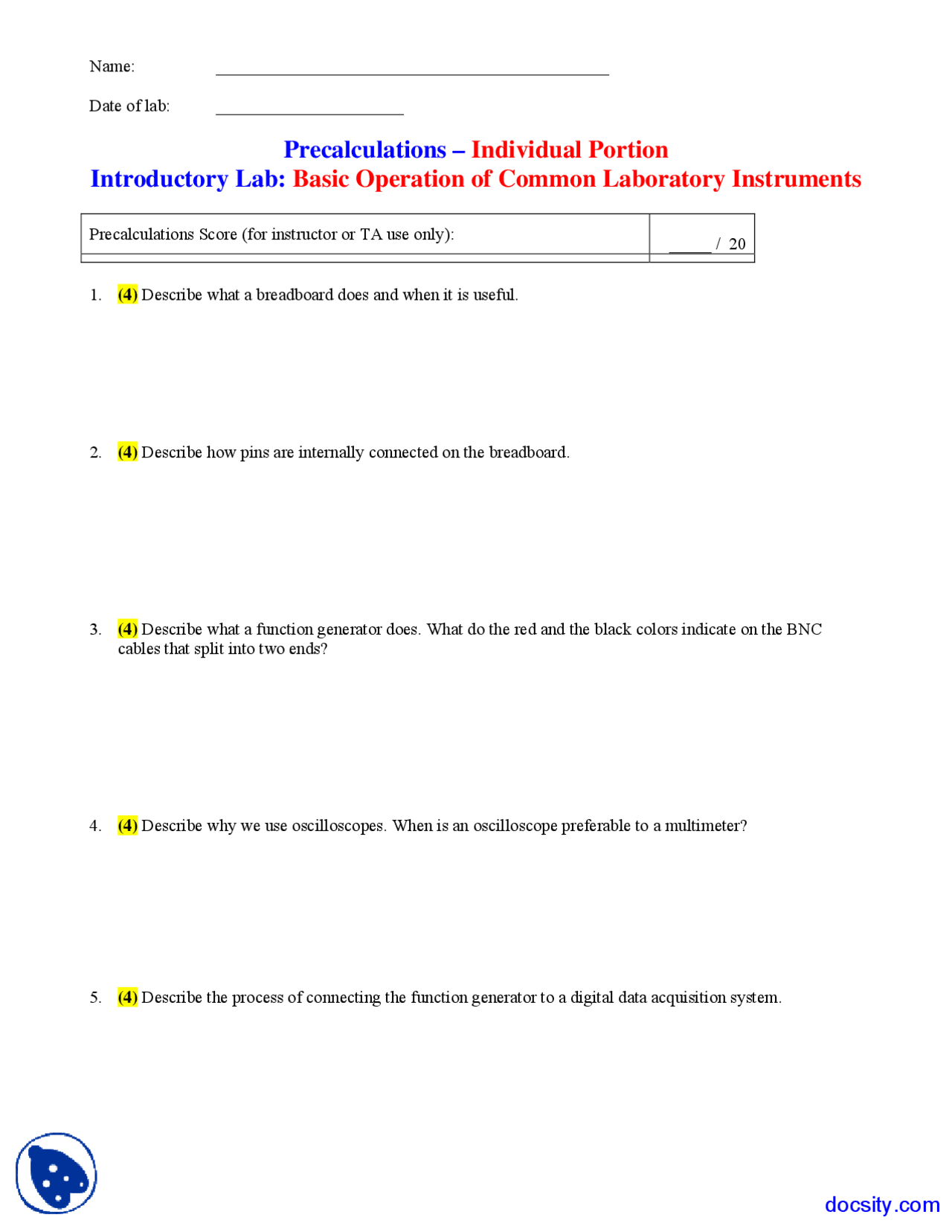 Introductory Instrumentation Measurements Statistics Lab Manual