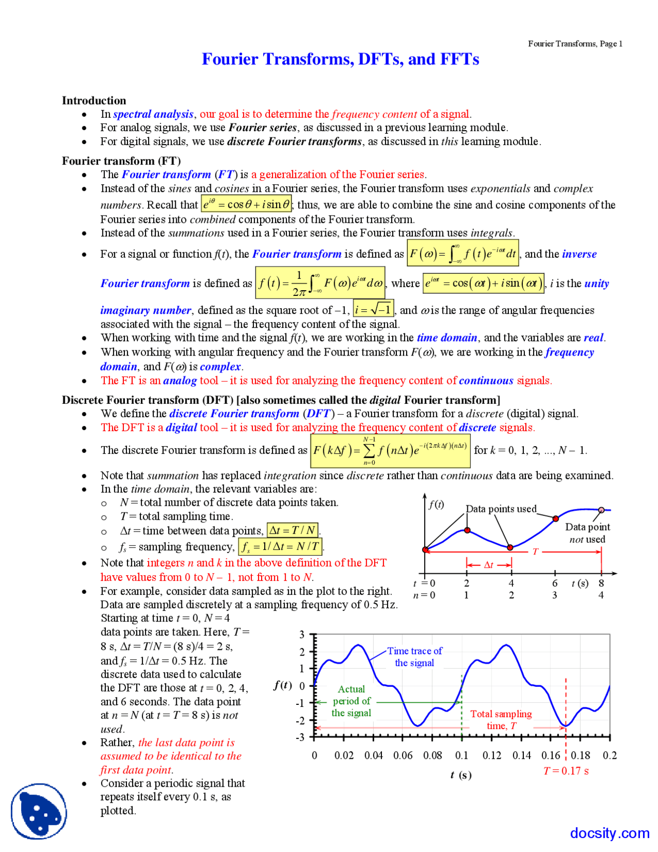 Fourier Transforms Dfts Ffts Instrumentation Measurements Statistics Lecture Notes Docsity