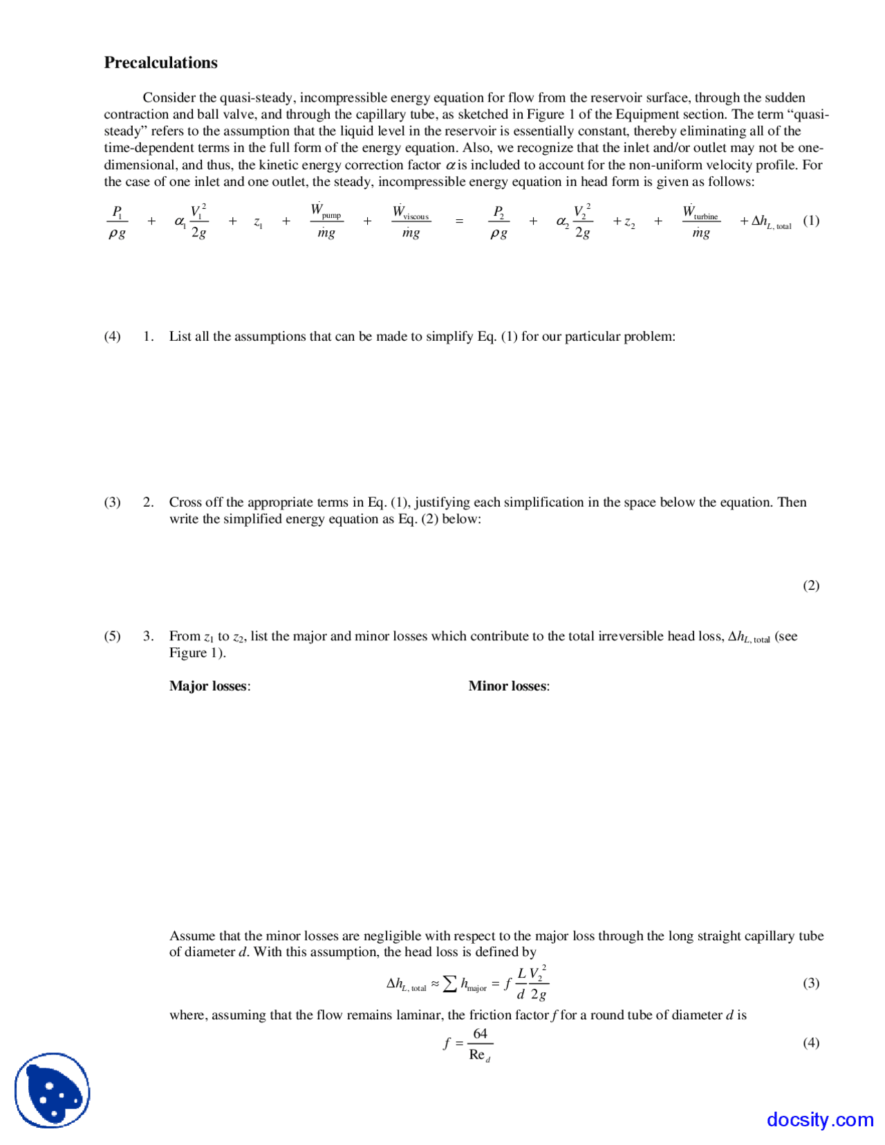 Laminar Flow Viscometer Fluid Flow Lab Precalculations Docsity