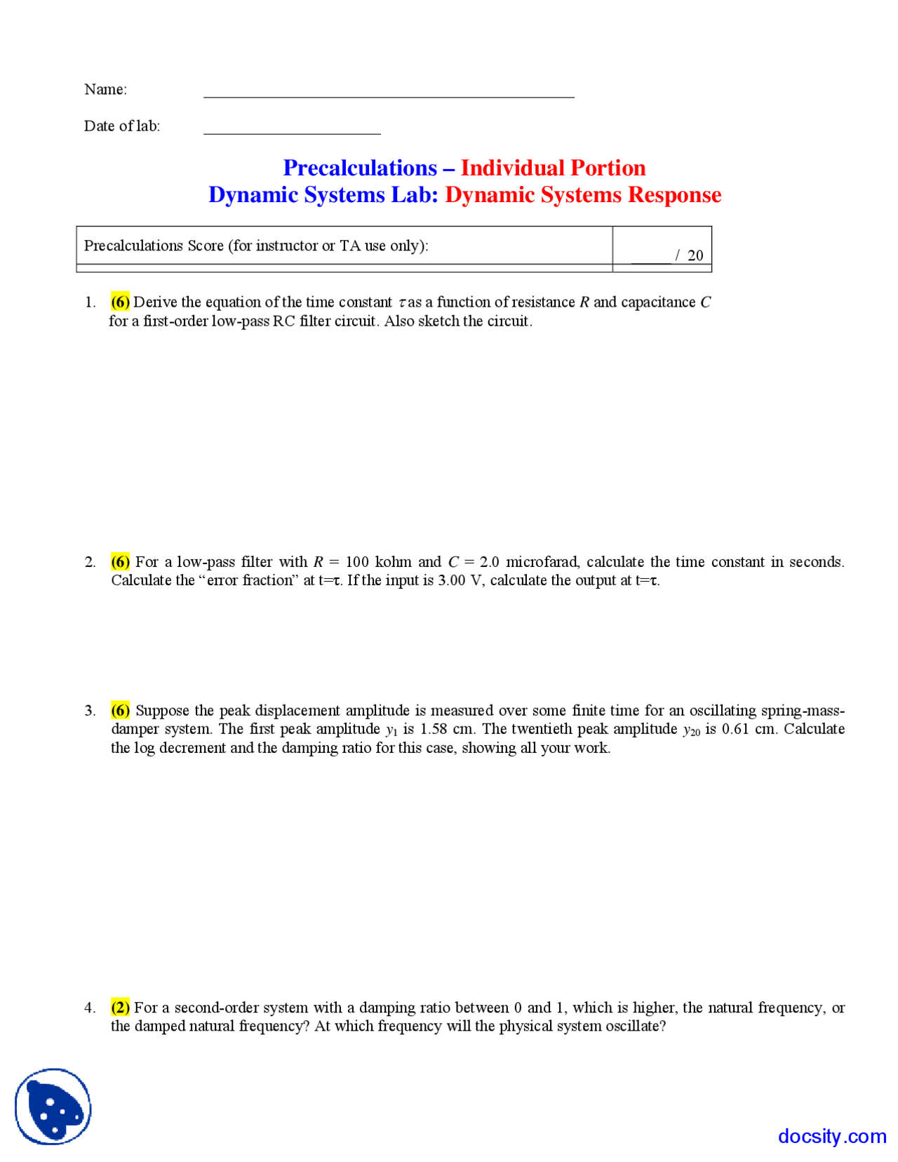Dynamic Systems Instrumentation Measurements Statistics Lab