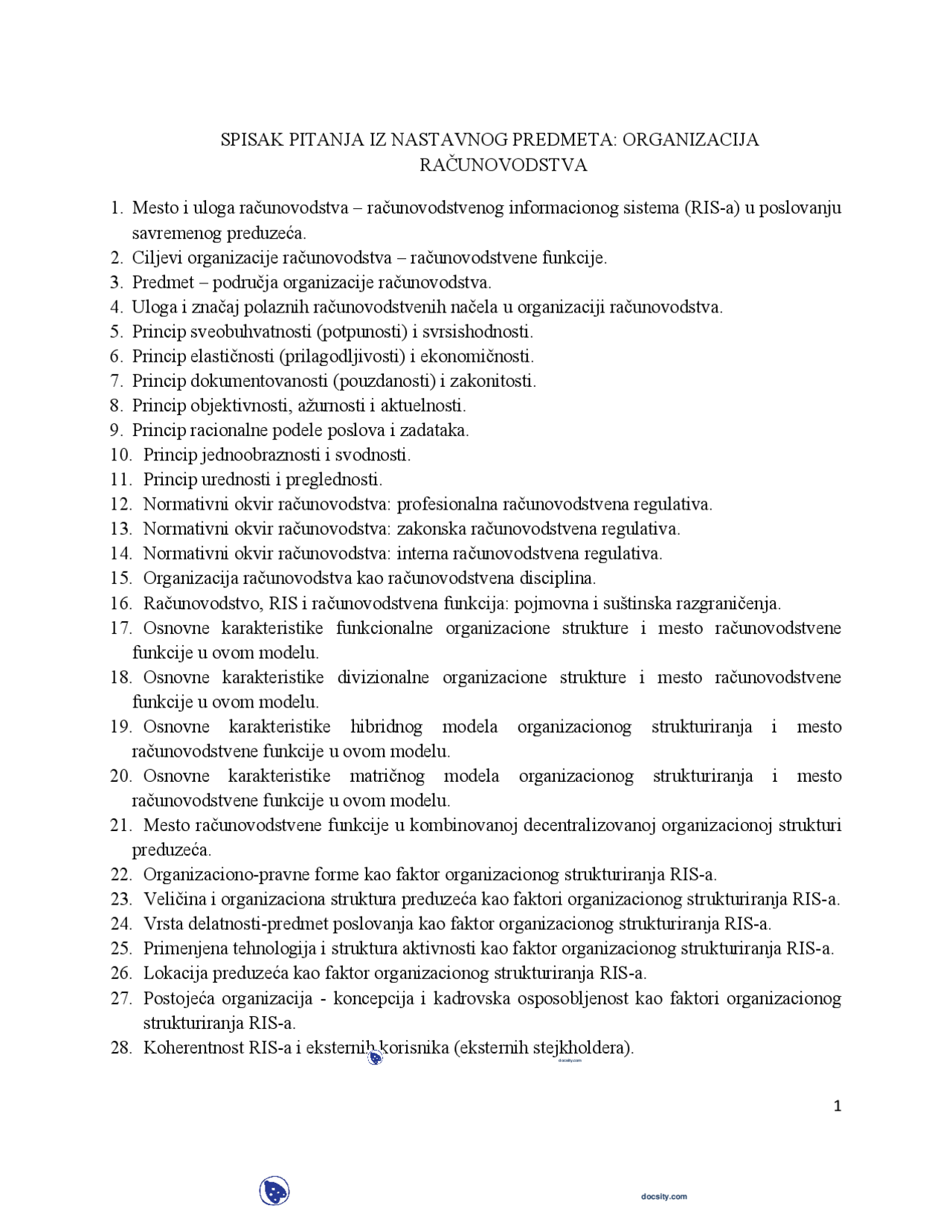 Spisak Ispitnih Pitanja Organizacija Racunovodstva Skripta Organizacija