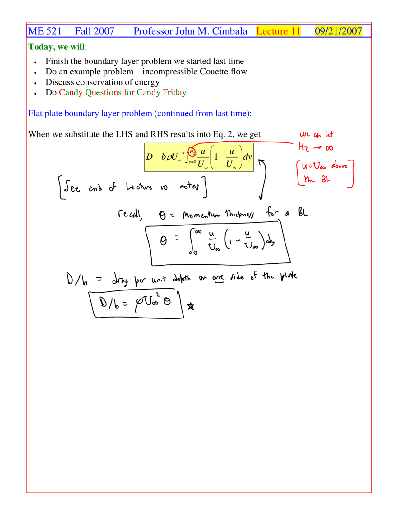 Couette Flow - Foundations of Fluid Mechanics I - Handout - Docsity