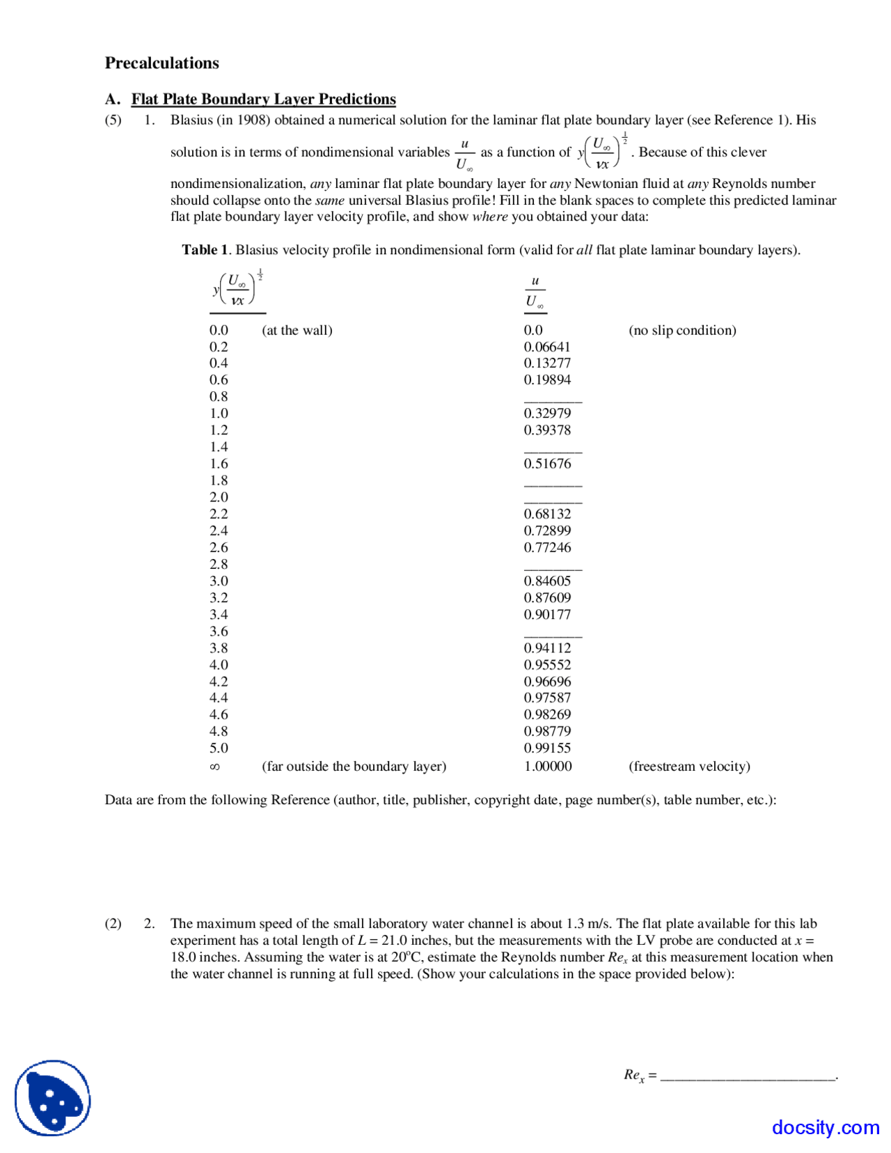 Boundary Layer Measurements Fluid Flow Lab Precalculations Docsity