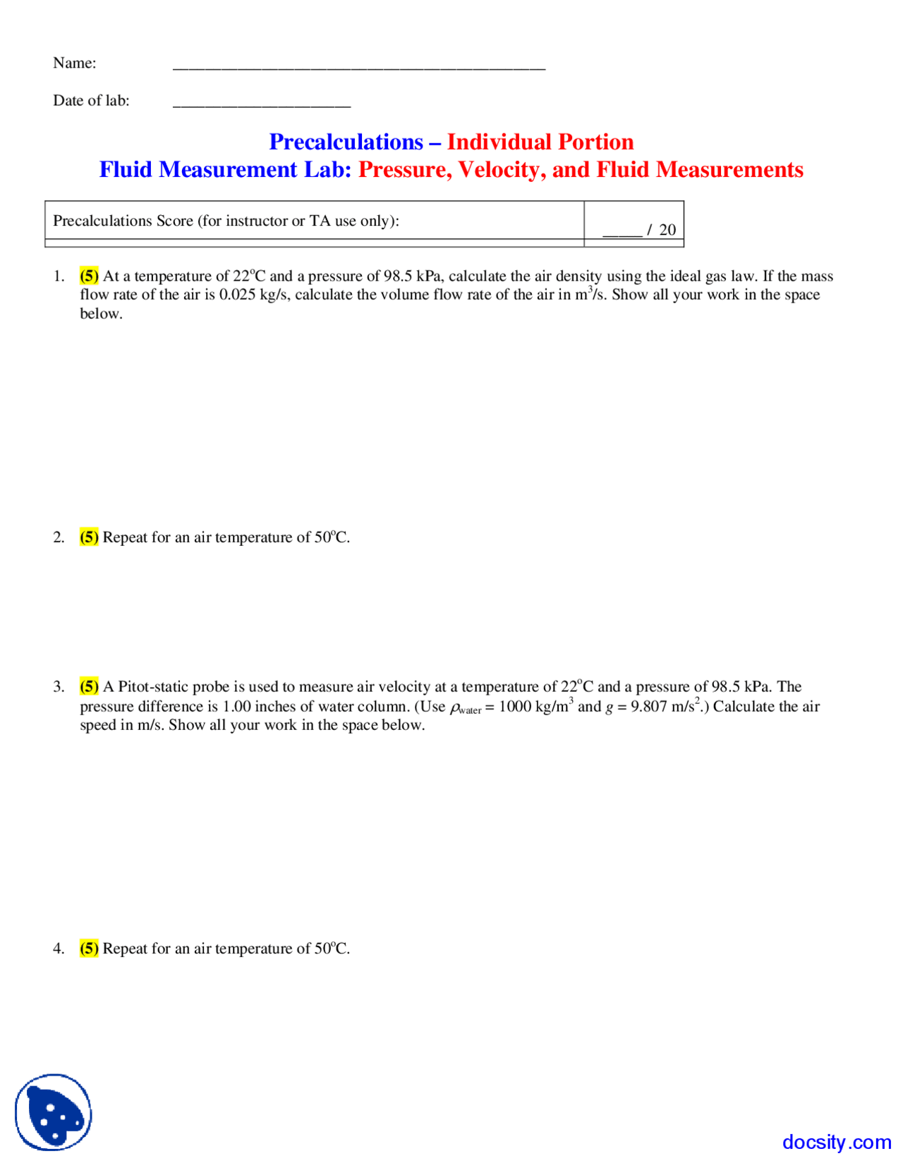 Fluid Measurement - Instrumentation, Measurements, Statistics - Lab ...