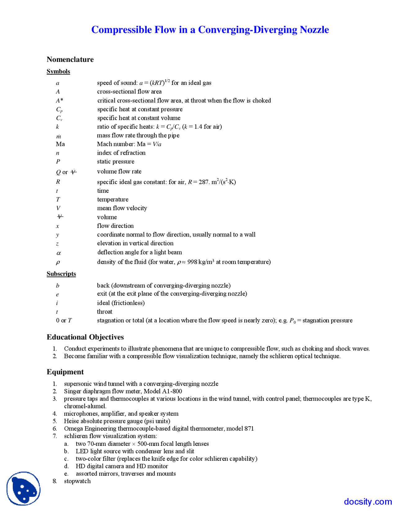 Compressible Flow In A Converging Diverging Nozzle Fluid Flow Lab