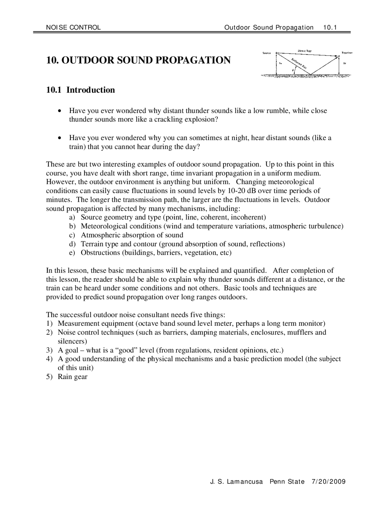 Outdoor Sound Propagation Noise Control Handout Exercises Noise