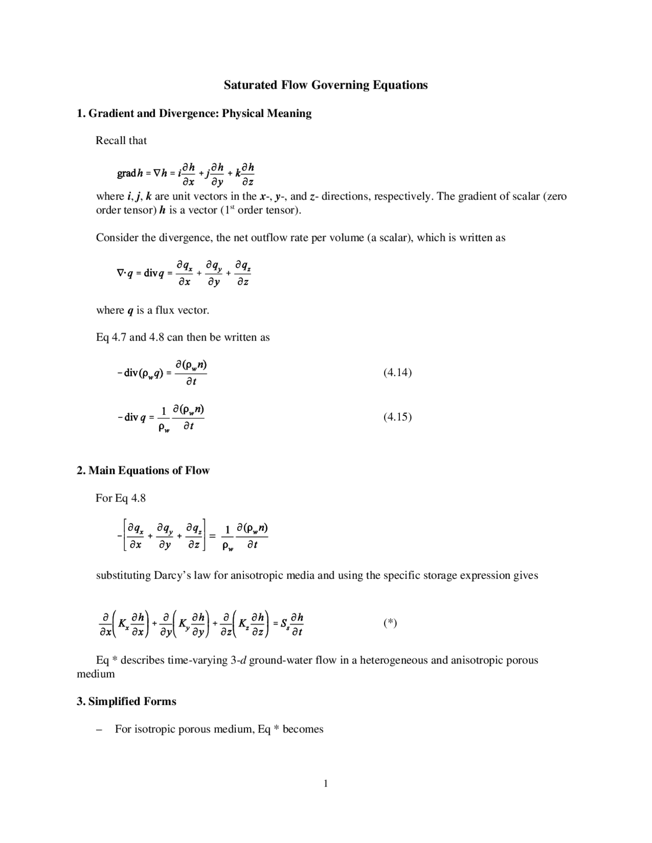 Saturated Flow Governing Equations - Groundwater Flow and Contaminant ...