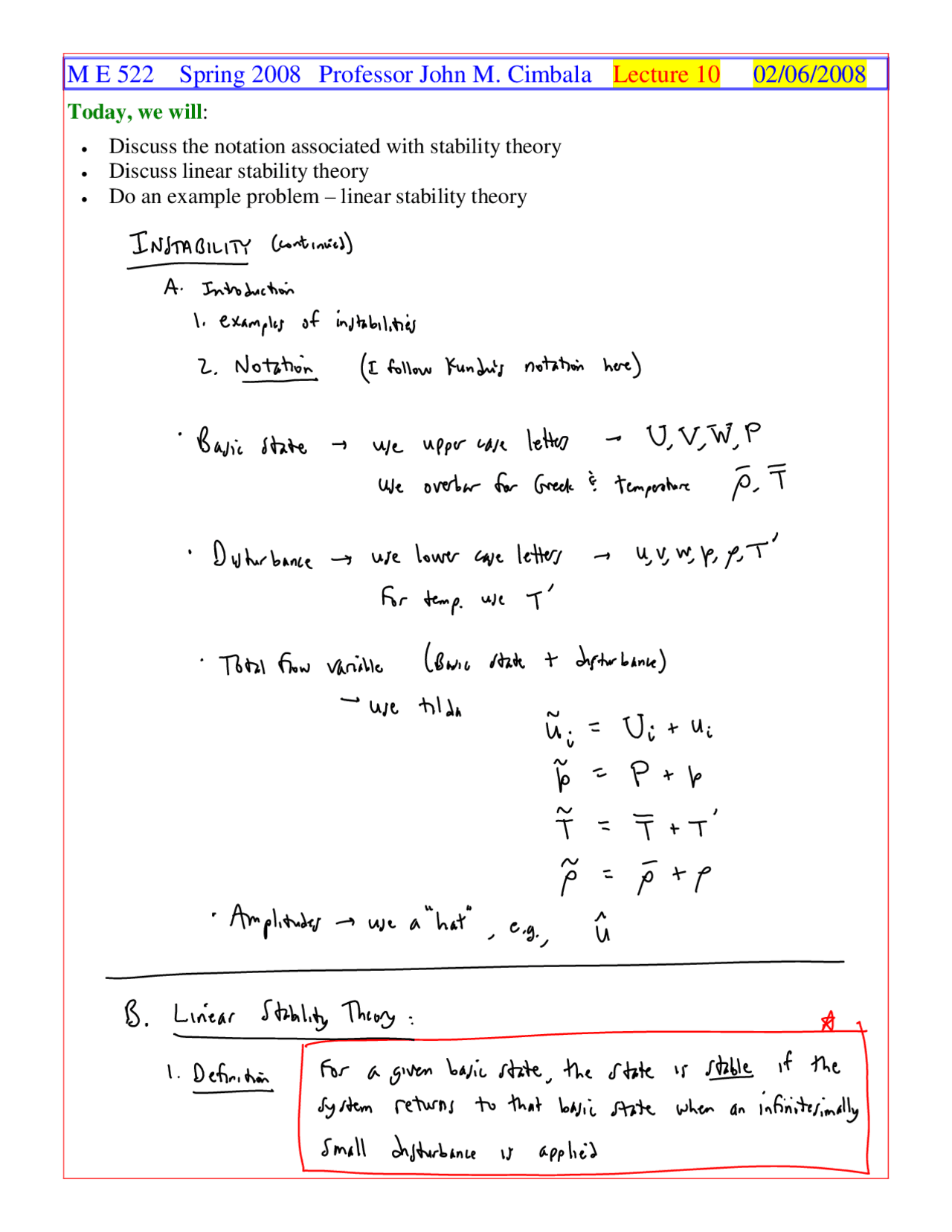 Linear Stability Theory - Foundations of Fluid Mechanics II - Handout - Docsity