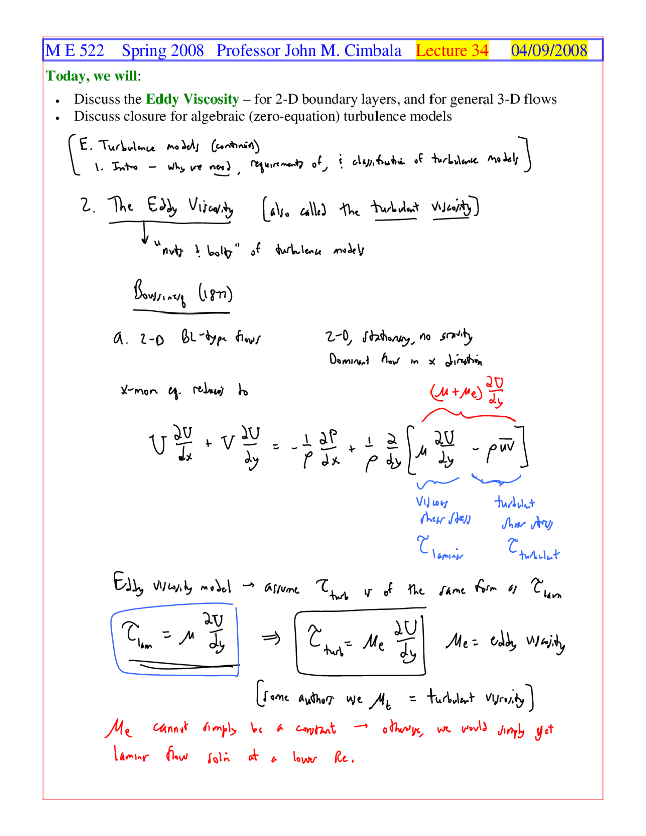 Zero-Equation - Foundations of Fluid Mechanics II - Handout - Docsity