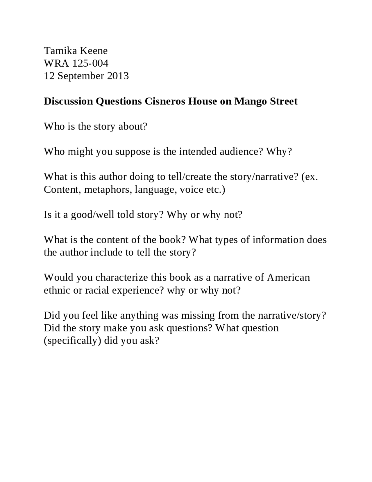 House on Mango Street Discussion Questions - Lecture Notes | WRA 125 ...