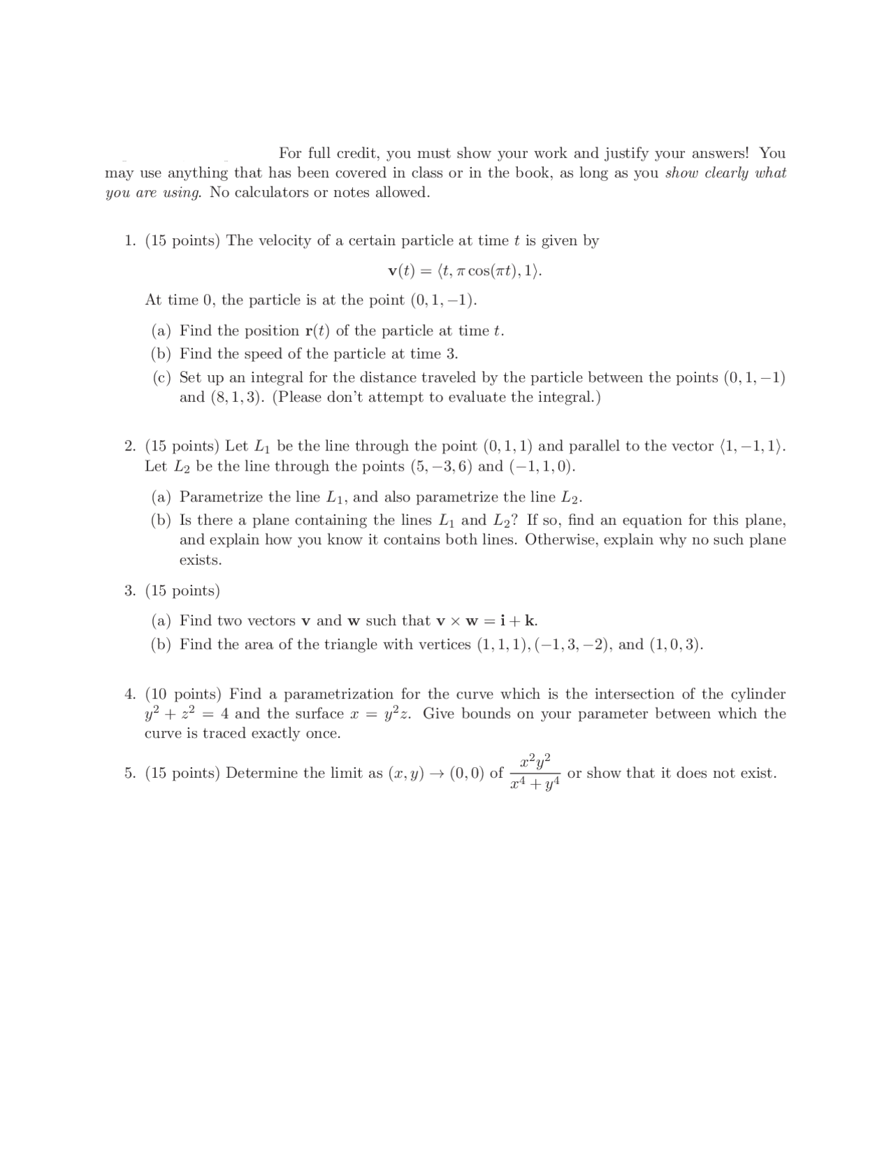 Exam 1 For Multivariable Calculus Engineering Math 1920 Docsity